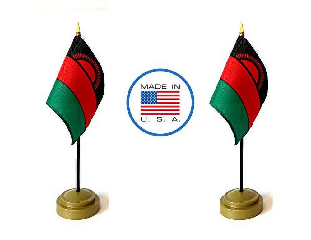 2 Malawi Miniature Desk & Hand Waving Flags Set - Includes 2 Rayon 4"x6" Flags, 2 Bronze Stands ...