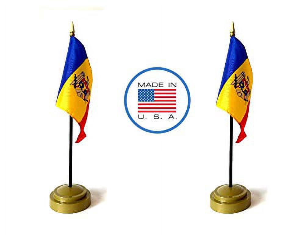 2 Moldova Miniature Desk & Hand Waving Flags Set - Includes 2 Rayon 4 ...