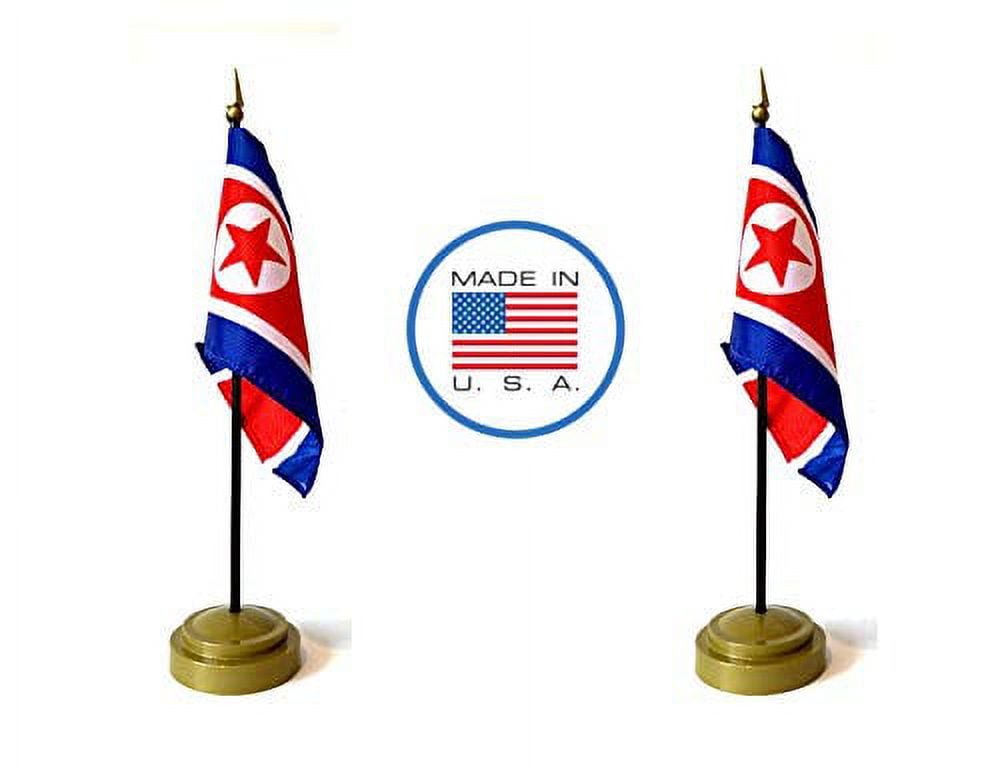 2 North Korea Miniature Desk & Hand Waving Flags Set - Includes 2 Rayon ...