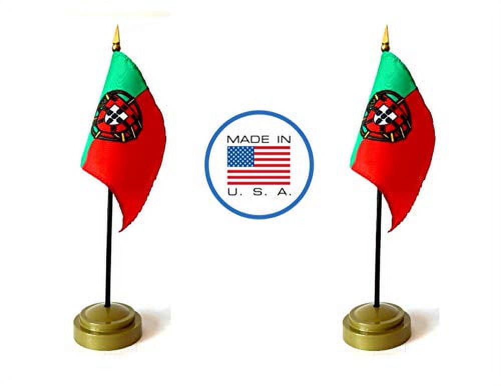 2 Portugal Miniature Desk & Hand Waving Flags Set - Includes 2 Rayon 4 ...