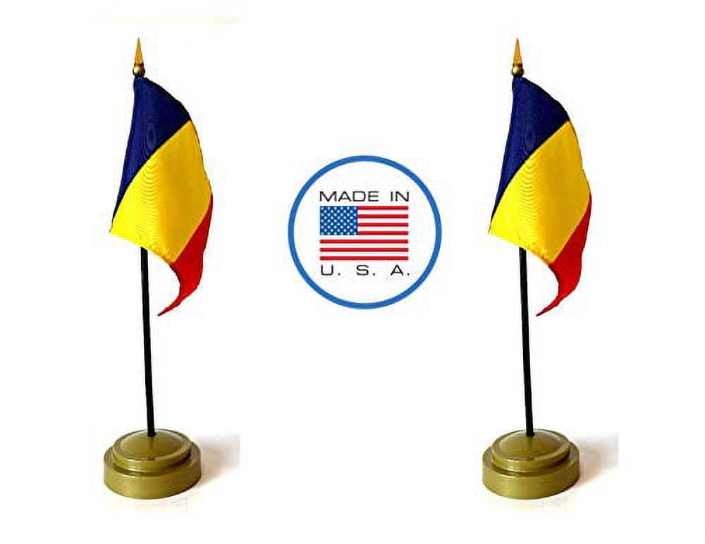 2 Romania Miniature Desk & Hand Waving Flags Set - Includes 2 Rayon 4 ...