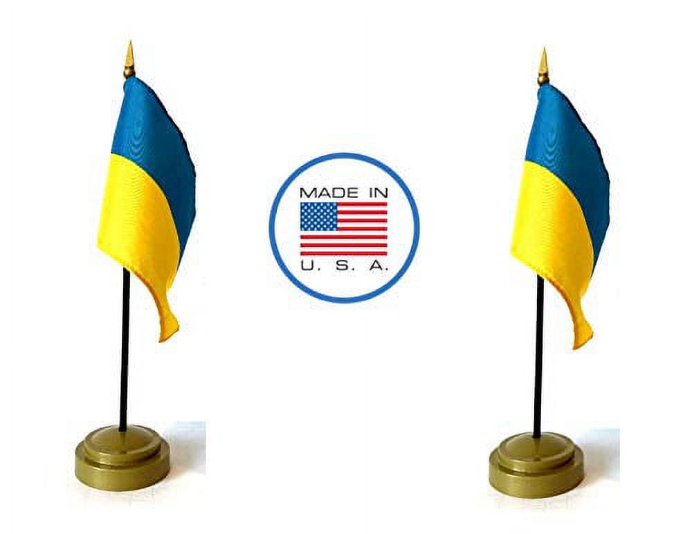 2 Ukraine Miniature Desk & Hand Waving Flags Set - Includes 2 Rayon 4 ...