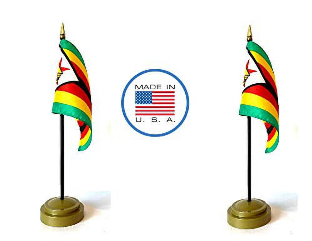 2 Zimbabwe Miniature Desk & Hand Waving Flags Set - Includes 2 Rayon 4 ...