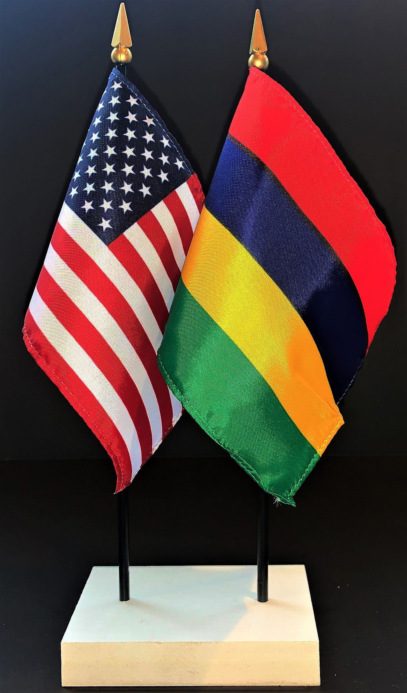 Mauritius Table Flag Set; One USA and International Rayon 4x6 inch Flag ...
