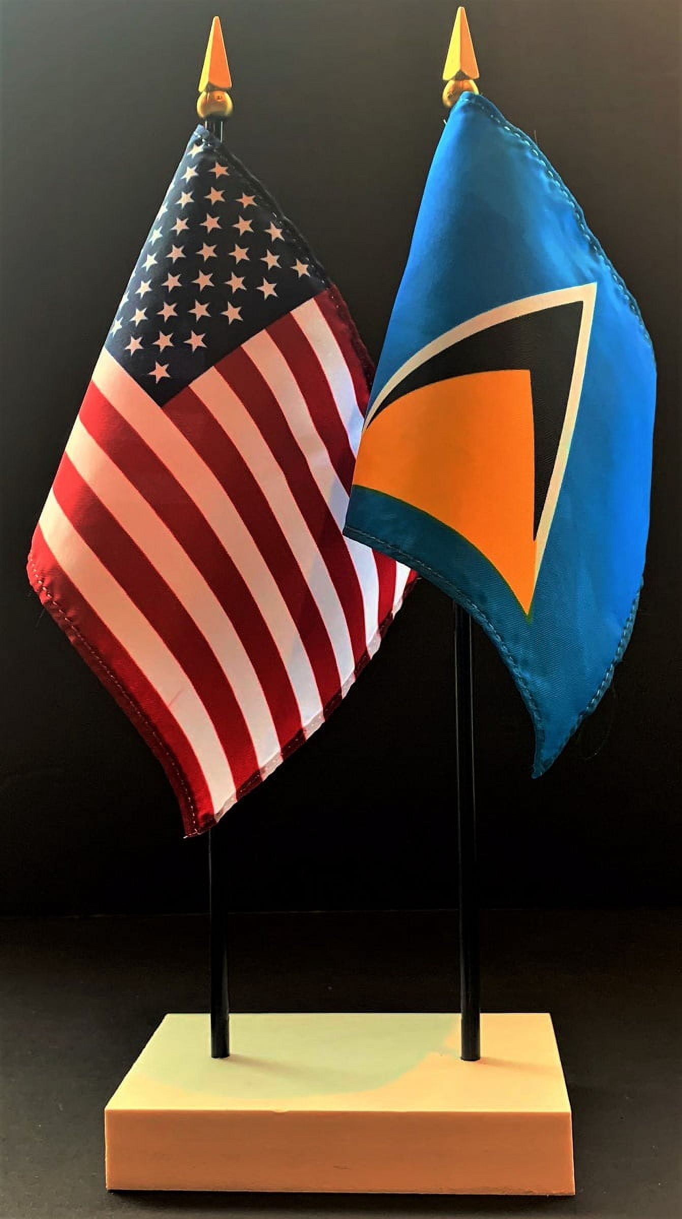 St Lucia Table Flag Set; One USA and International Rayon 4x6 inch Flag ...