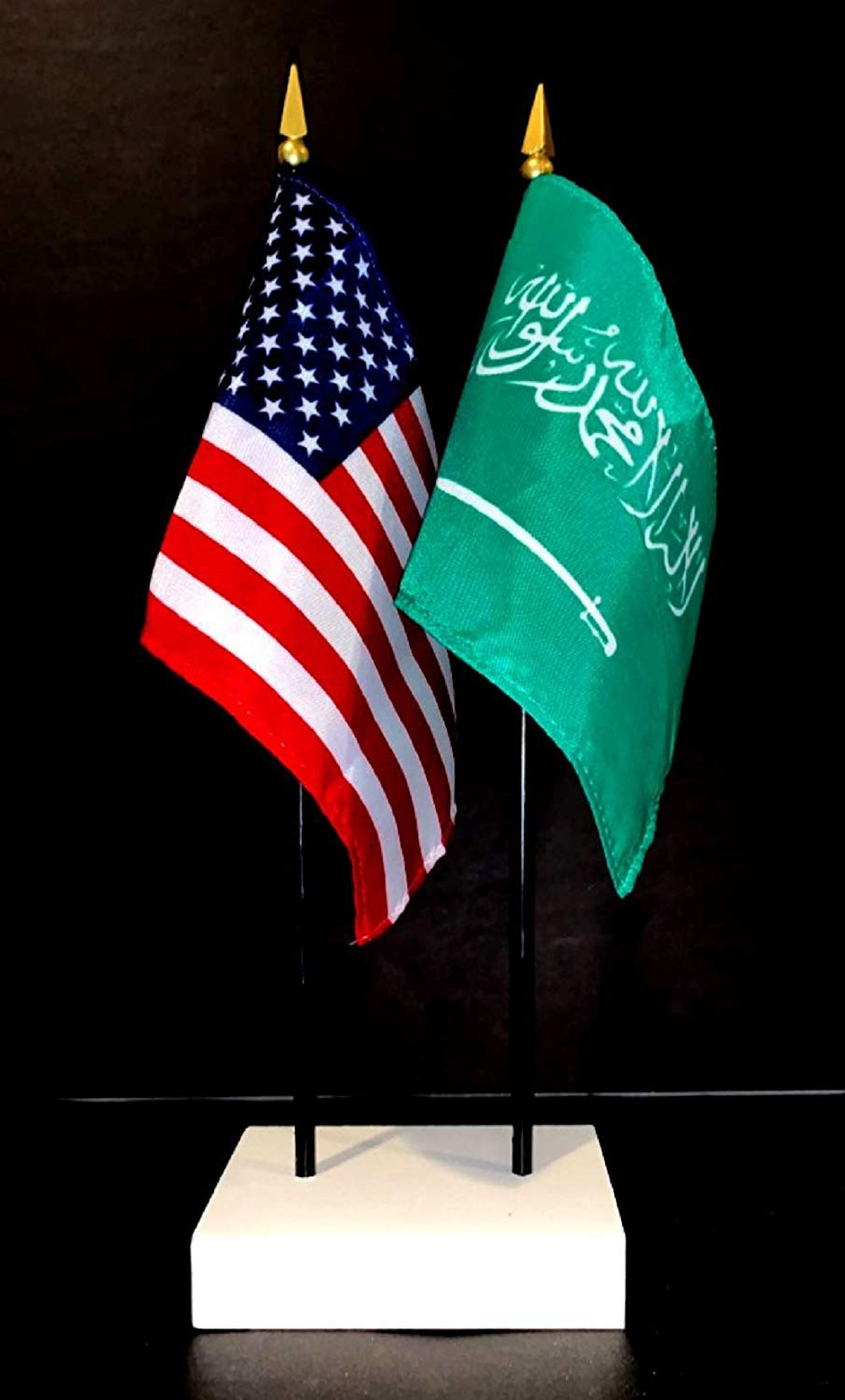Saudi Arabia Table Flag Set; One USA and International Rayon 4x6 inch ...