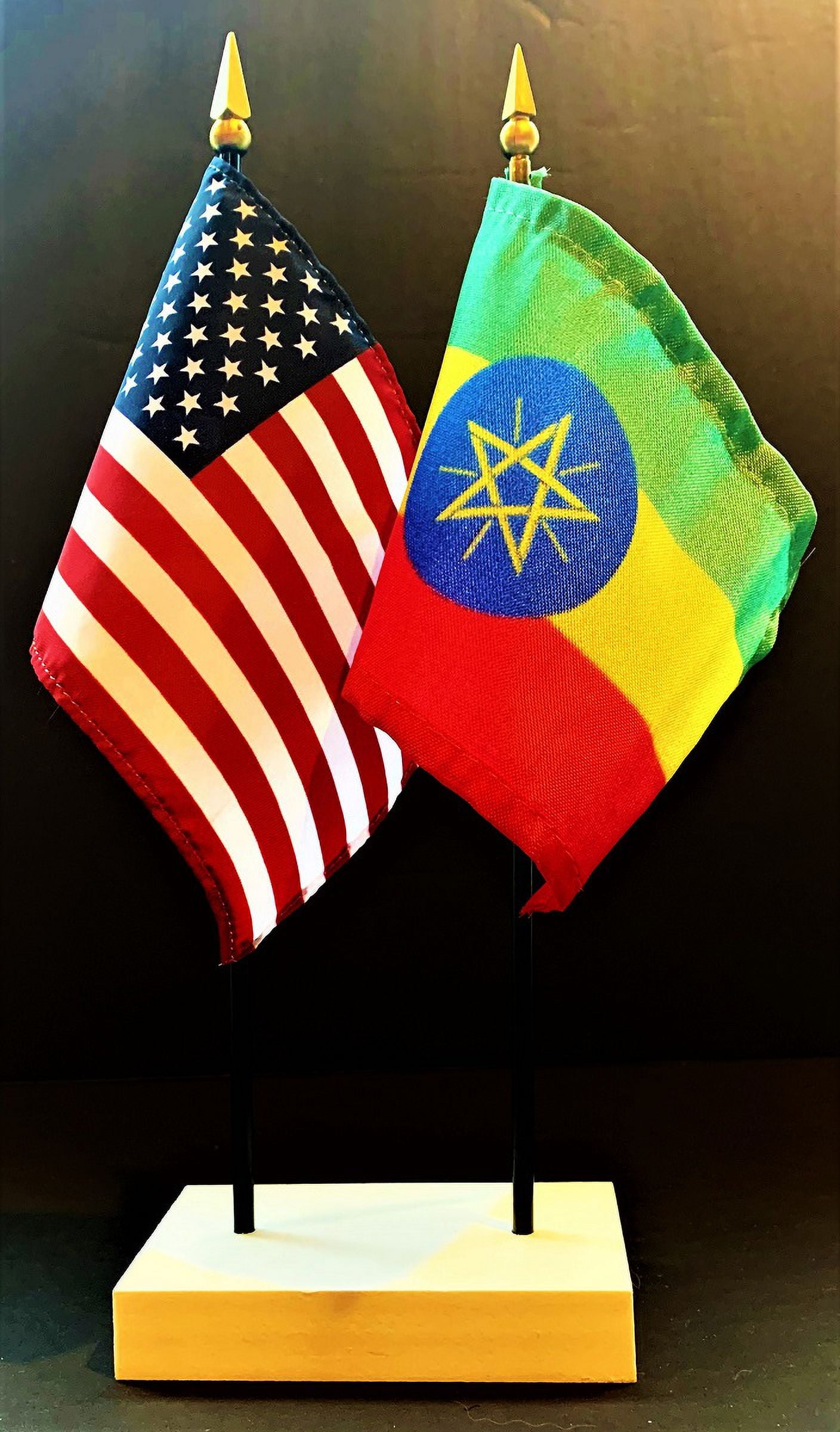 Ethiopia Table Flag Set; One USA and International Rayon 4x6 inch Flag ...