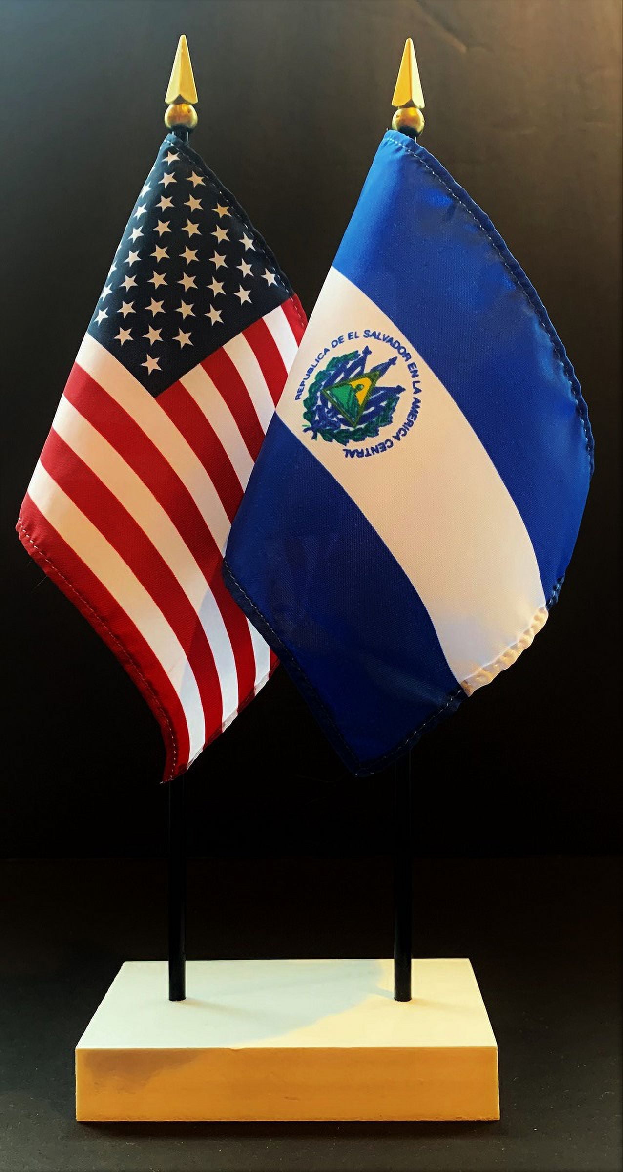 El Salvador Table Flag Set; One USA and International Rayon 4x6 inch ...