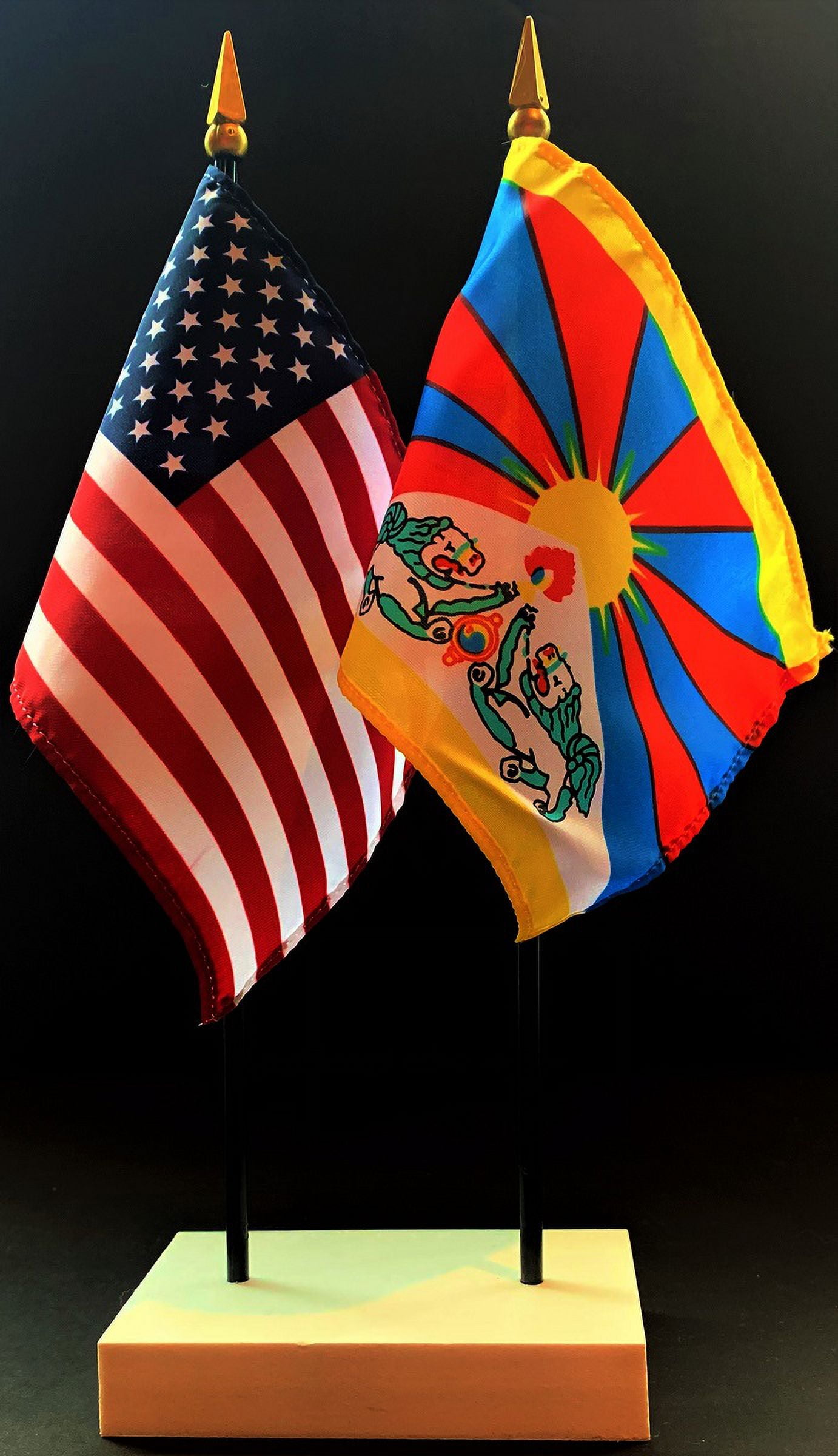 Tibet Table Flag Set; One USA and International Rayon 4x6 inch Flag Plus a White Base - Walmart.com