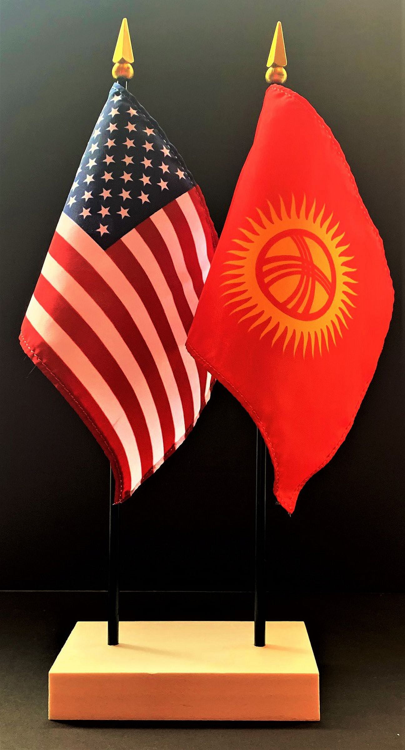 Kyrgyzstan Table Flag Set; One USA and International Rayon 4x6 inch ...