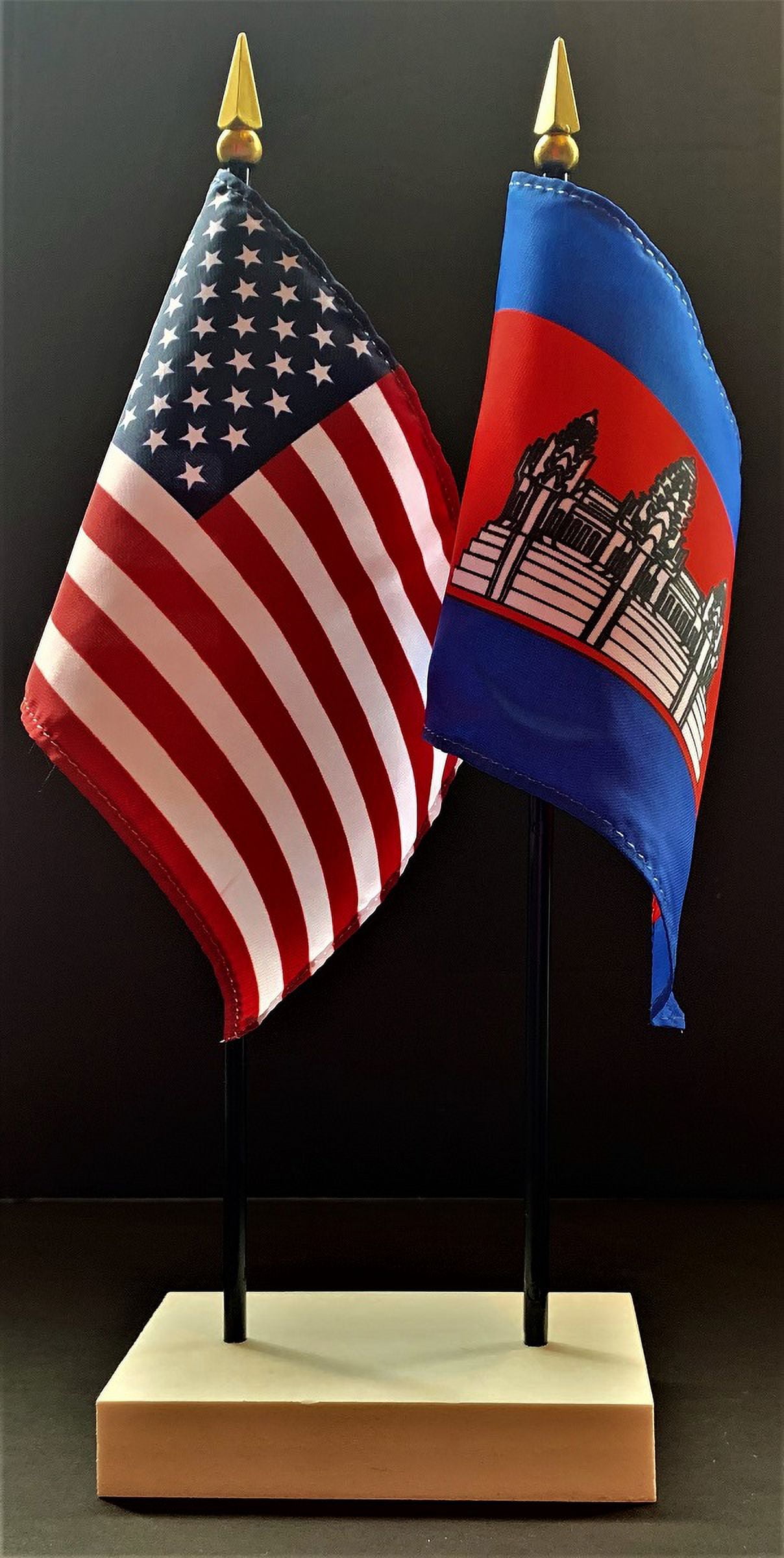 Cambodia Table Flag Set; One USA and International Rayon 4x6 inch Flag ...