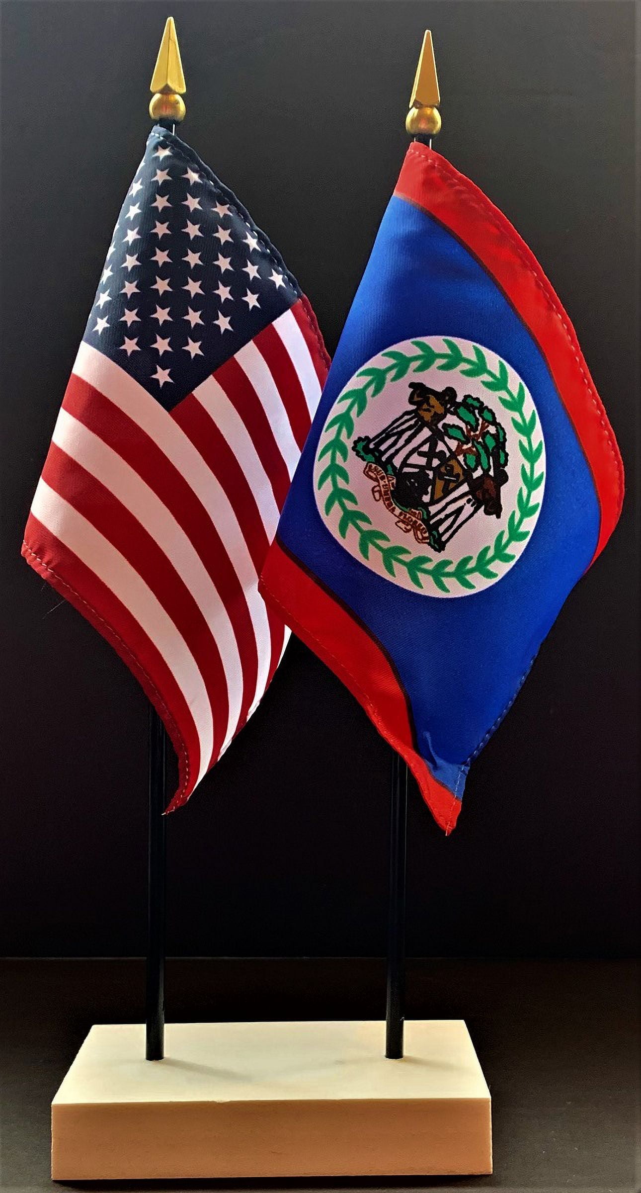 Belize Table Flag Set; One USA and International Rayon 4x6 inch Flag ...