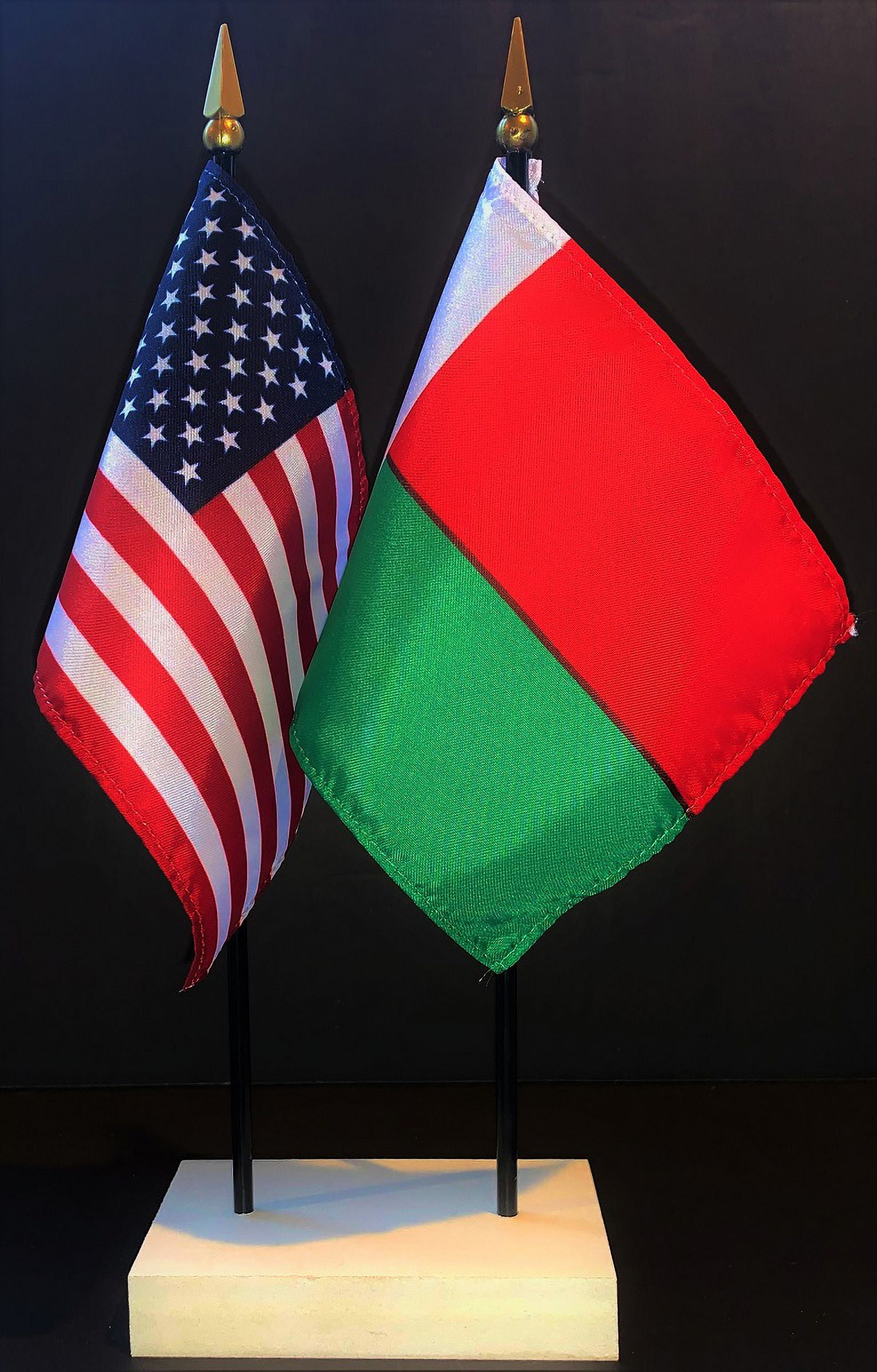 Madagascar Table Flag Set; One USA and International Rayon 4x6 inch ...