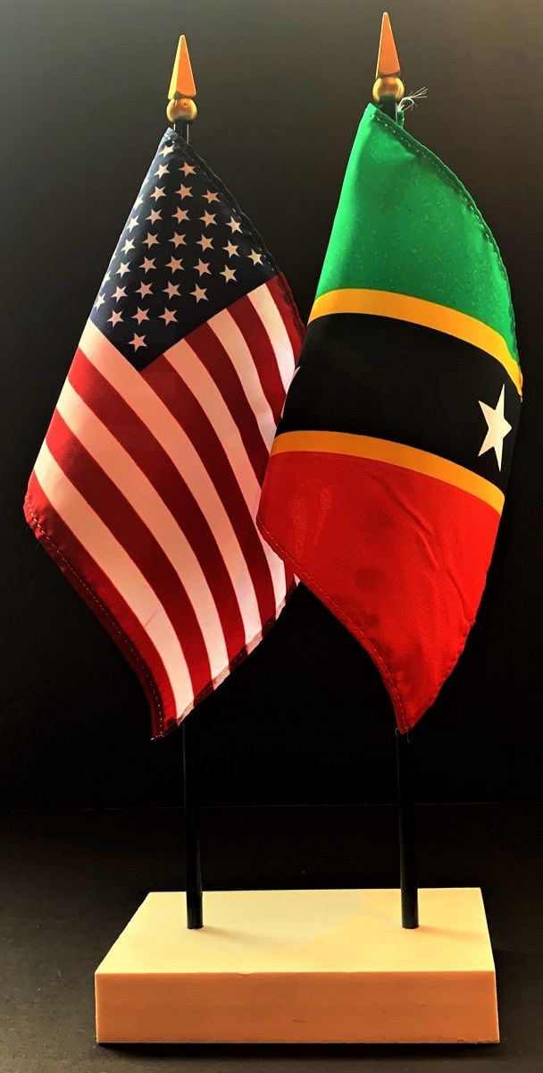 St Kitts & Nevis Table Flag Set; One USA and International Rayon 4x6 ...