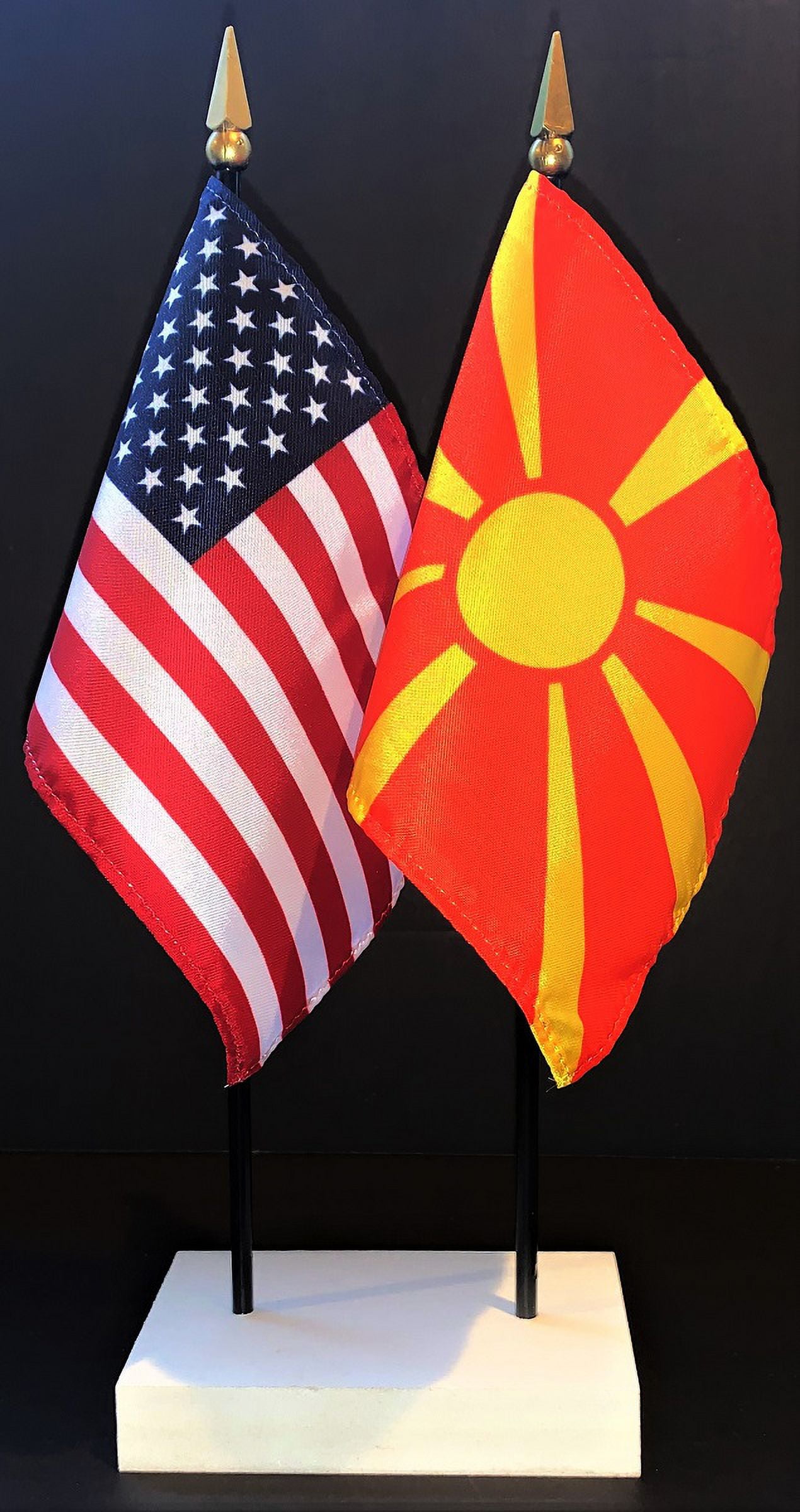 Macedonia Table Flag Set; One USA and International Rayon 4x6 inch Flag ...