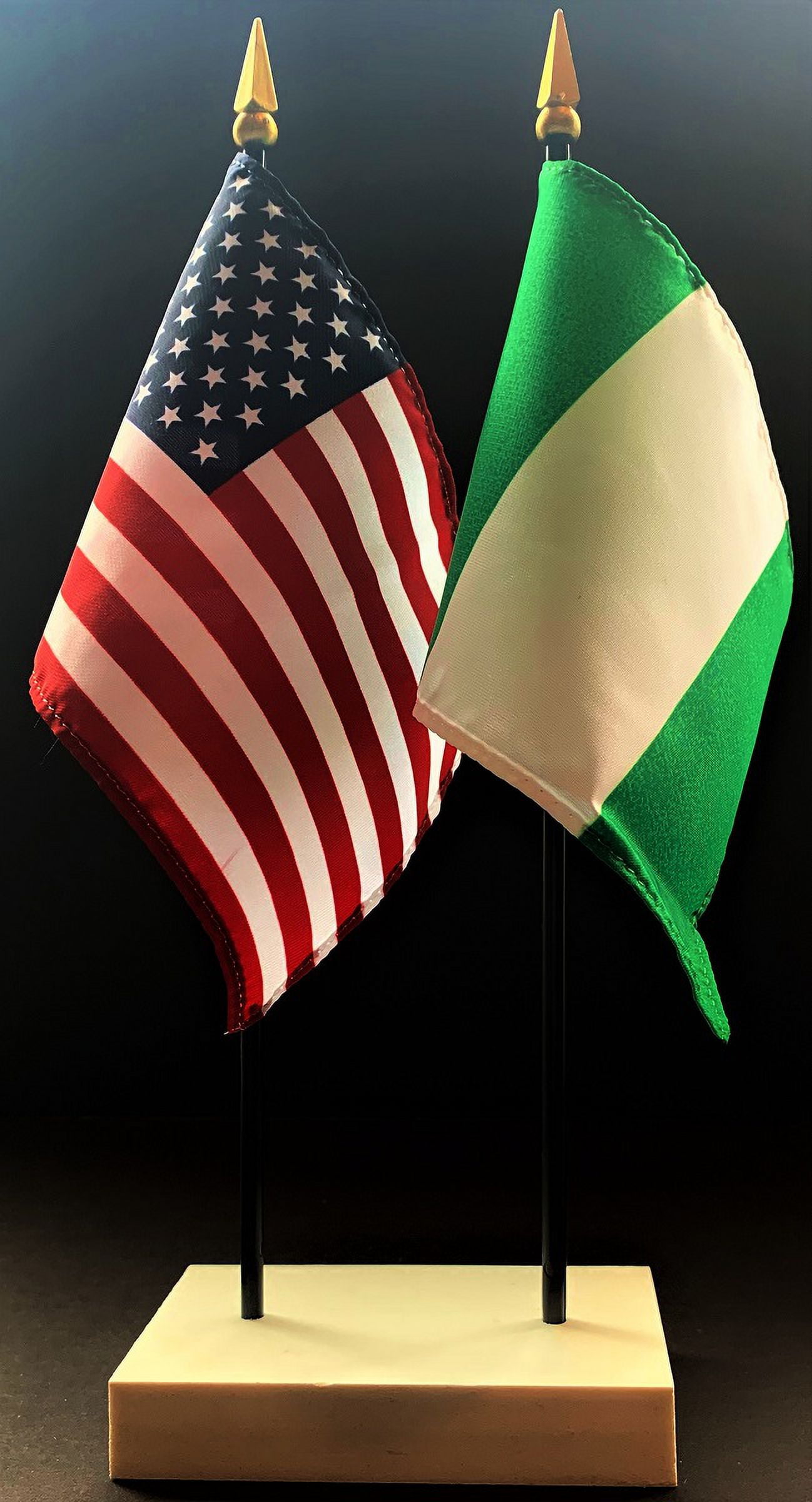 Nigeria Table Flag Set; One USA and International Rayon 4x6 inch Flag ...