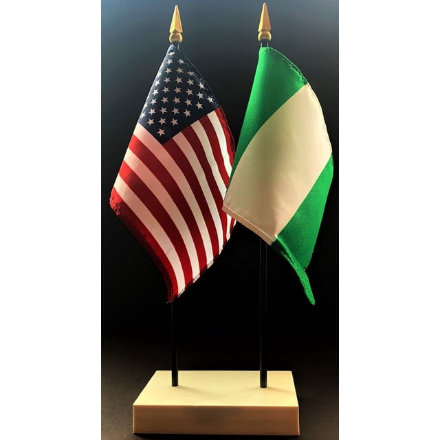 Nigeria Table Flag Set; One USA and International Rayon 4x6 inch Flag ...