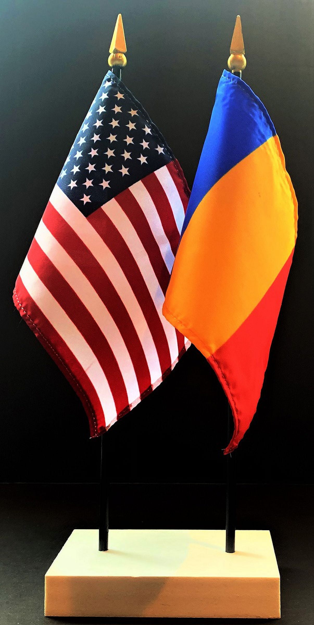 Romania Table Flag Set; One USA and International Rayon 4x6 inch Flag ...