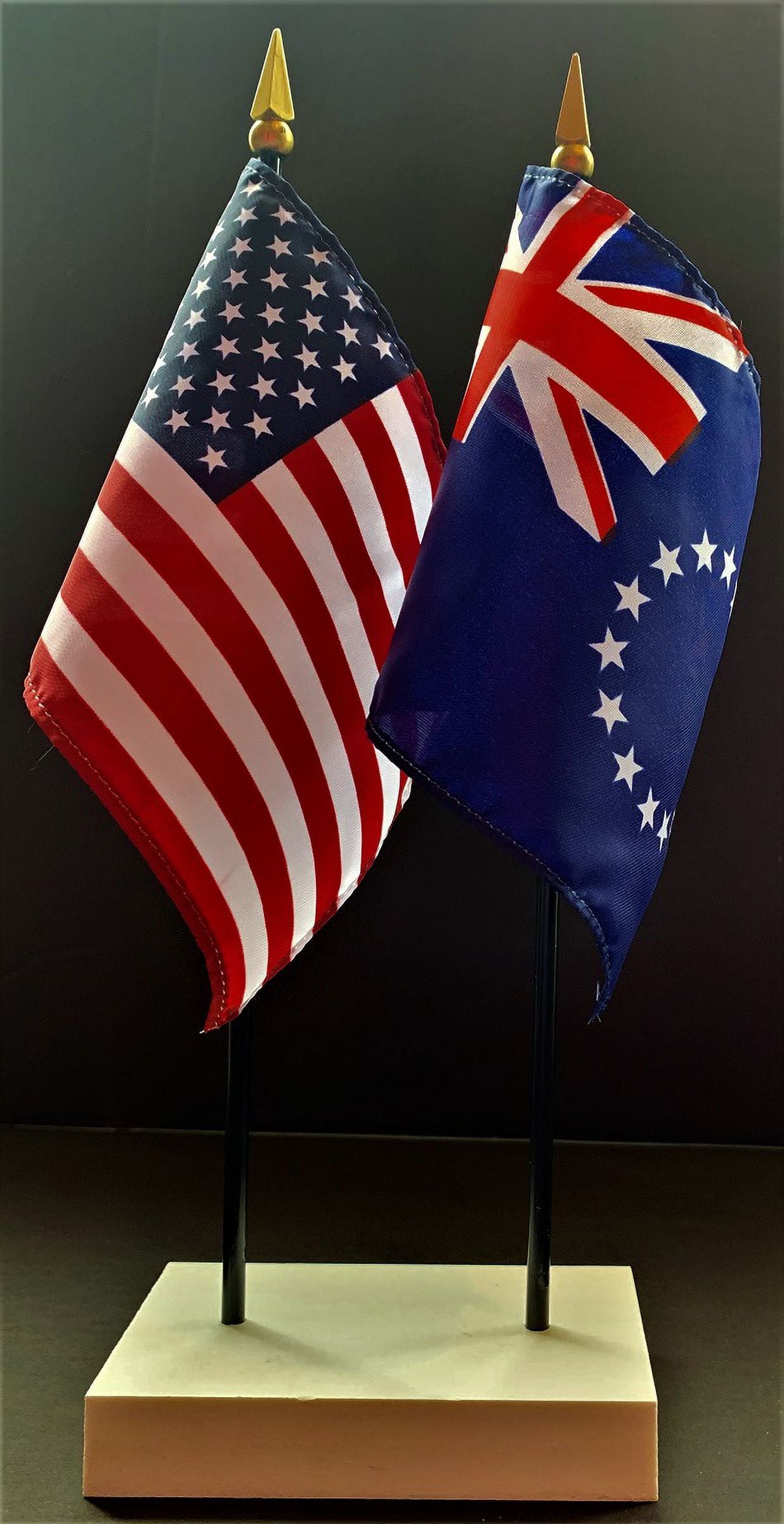 Cook Islands Table Flag Set; One USA and International Rayon 4x6 inch ...