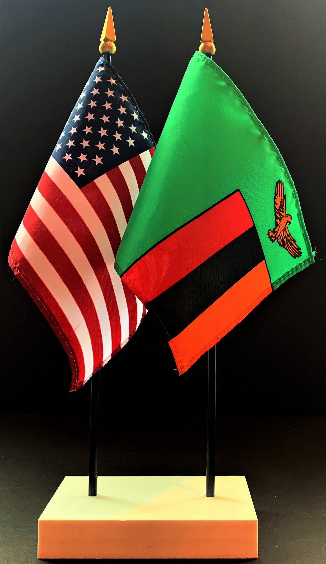 Zambia Table Flag Set; One USA and International Rayon 4x6 inch Flag ...