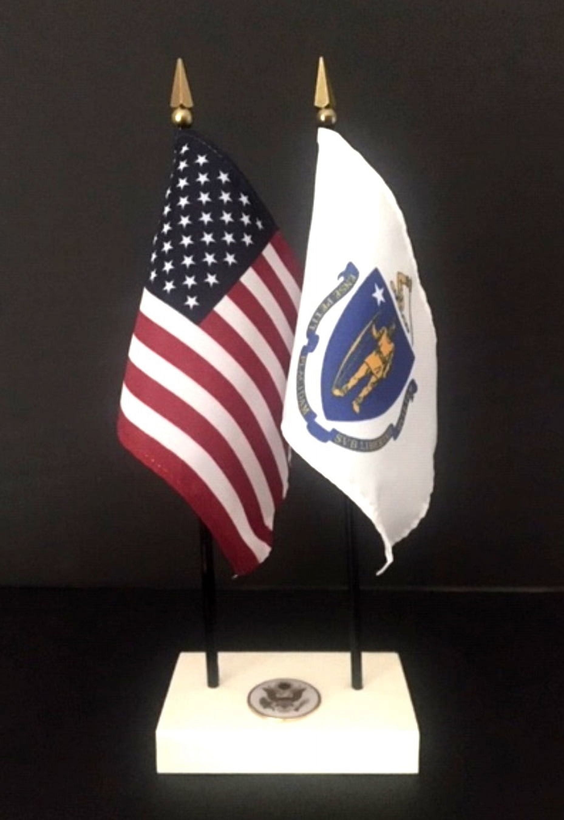 Massachusetts Executive Desk Set; Two 4x6 Inch Flags, White Base with ...