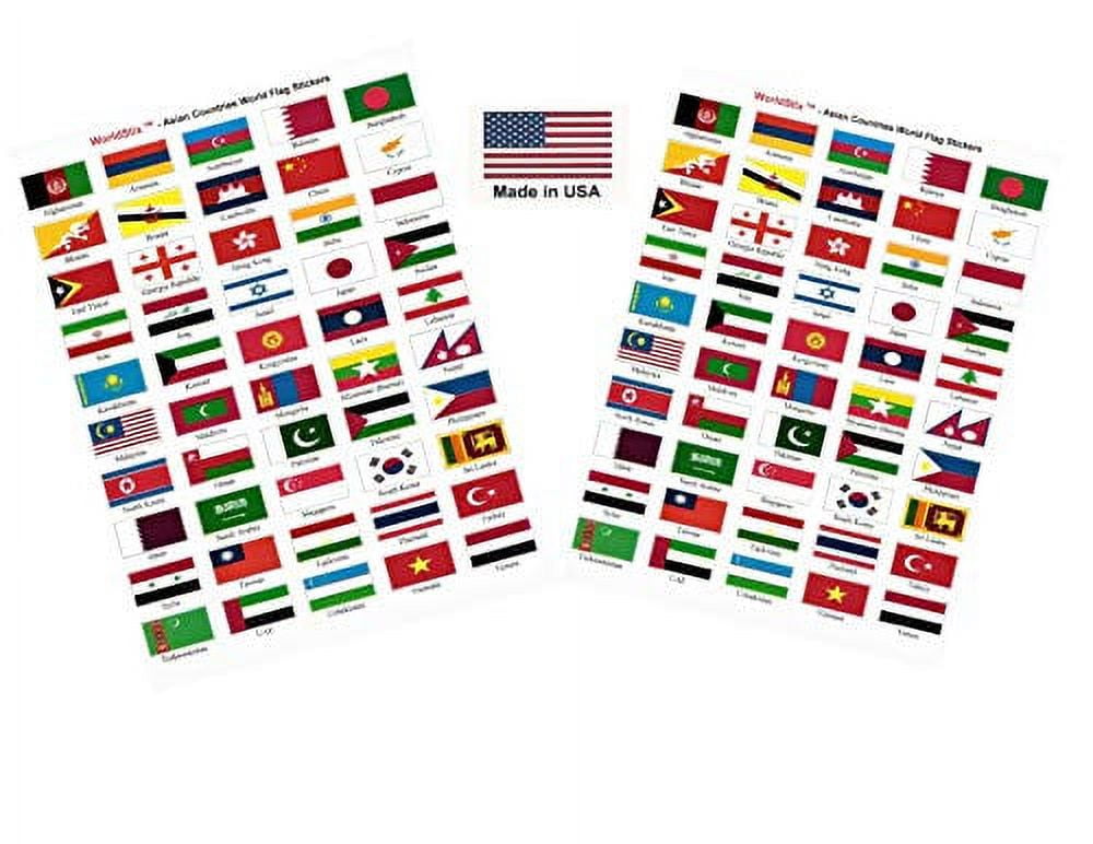 Made in USA! 100 Stickers Representing Asian Countries; 1.5" x 1" Self ...