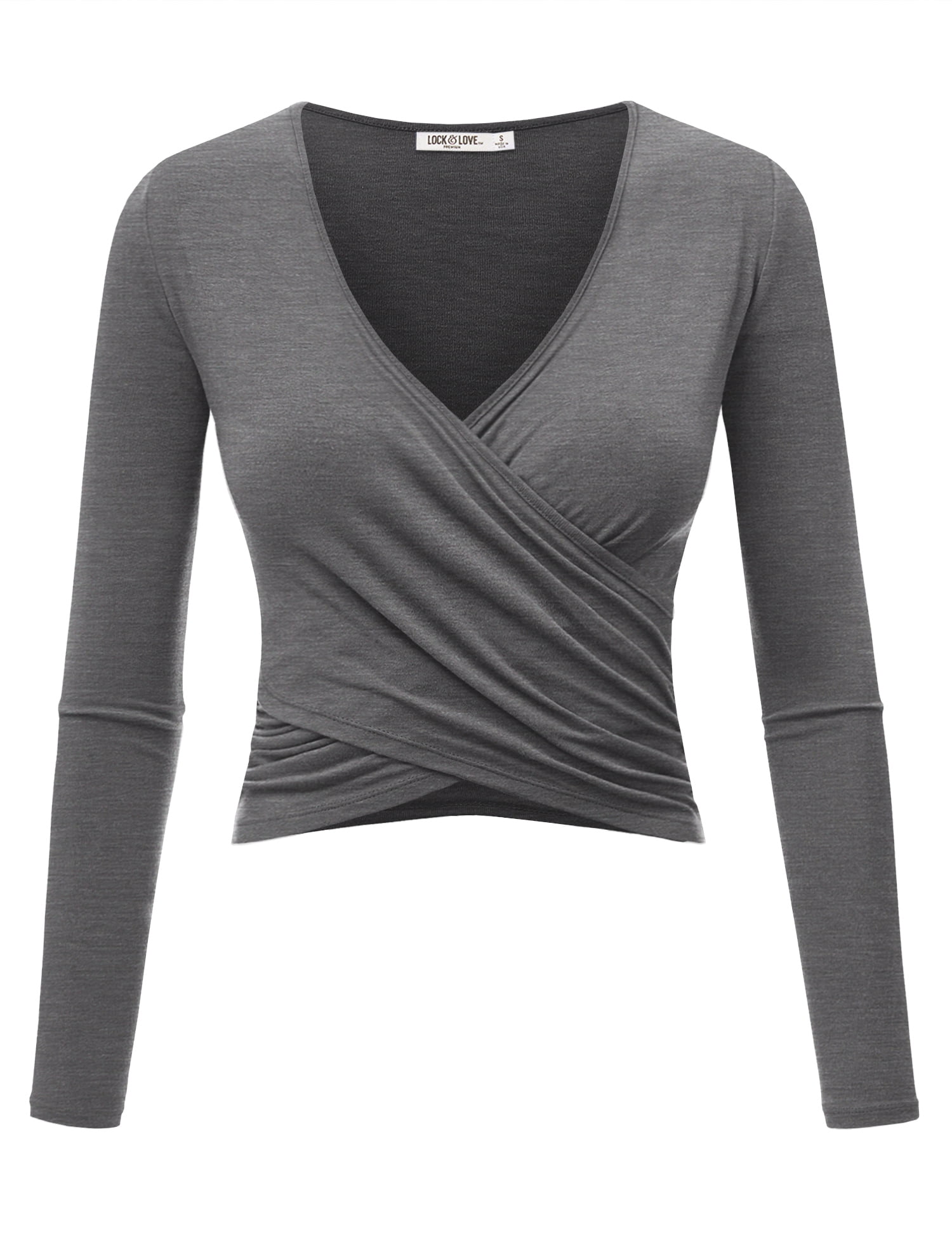 Made by Johnny Women's Deep V Neck Long Sleeve Cross Wrap Fitted Crop ...
