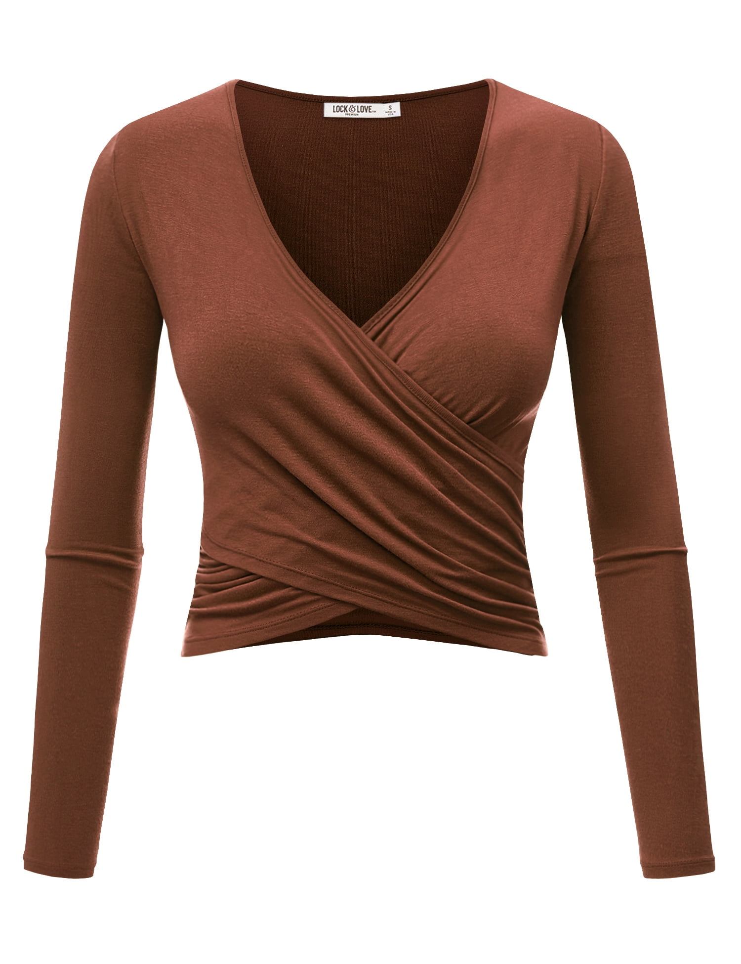 Made by Johnny Women's Deep V Neck Long Sleeve Cross Wrap Fitted Crop ...
