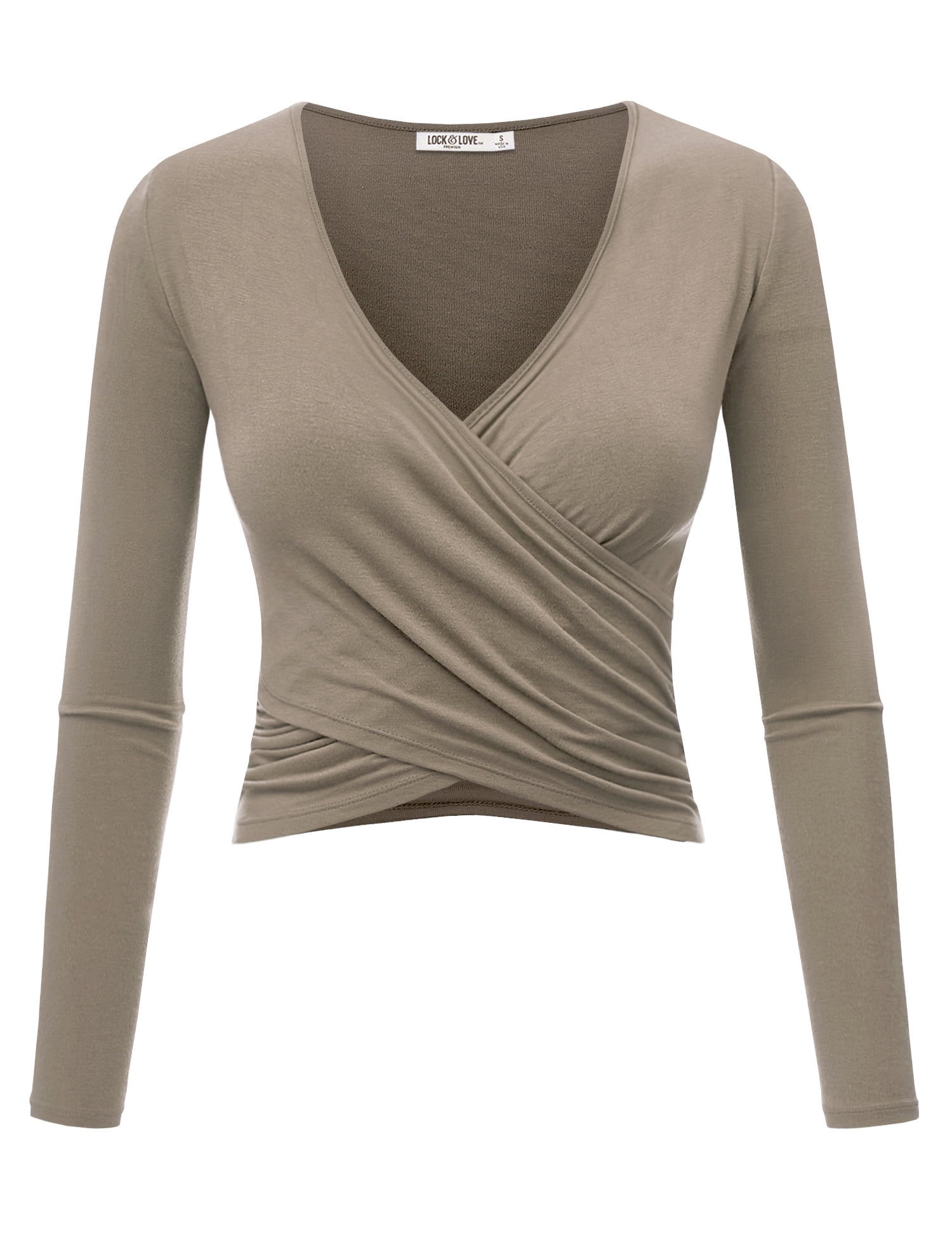 Made by Johnny Women's Deep V Neck Long Sleeve Cross Wrap Fitted Crop Top XXL TAUPE - Walmart.com