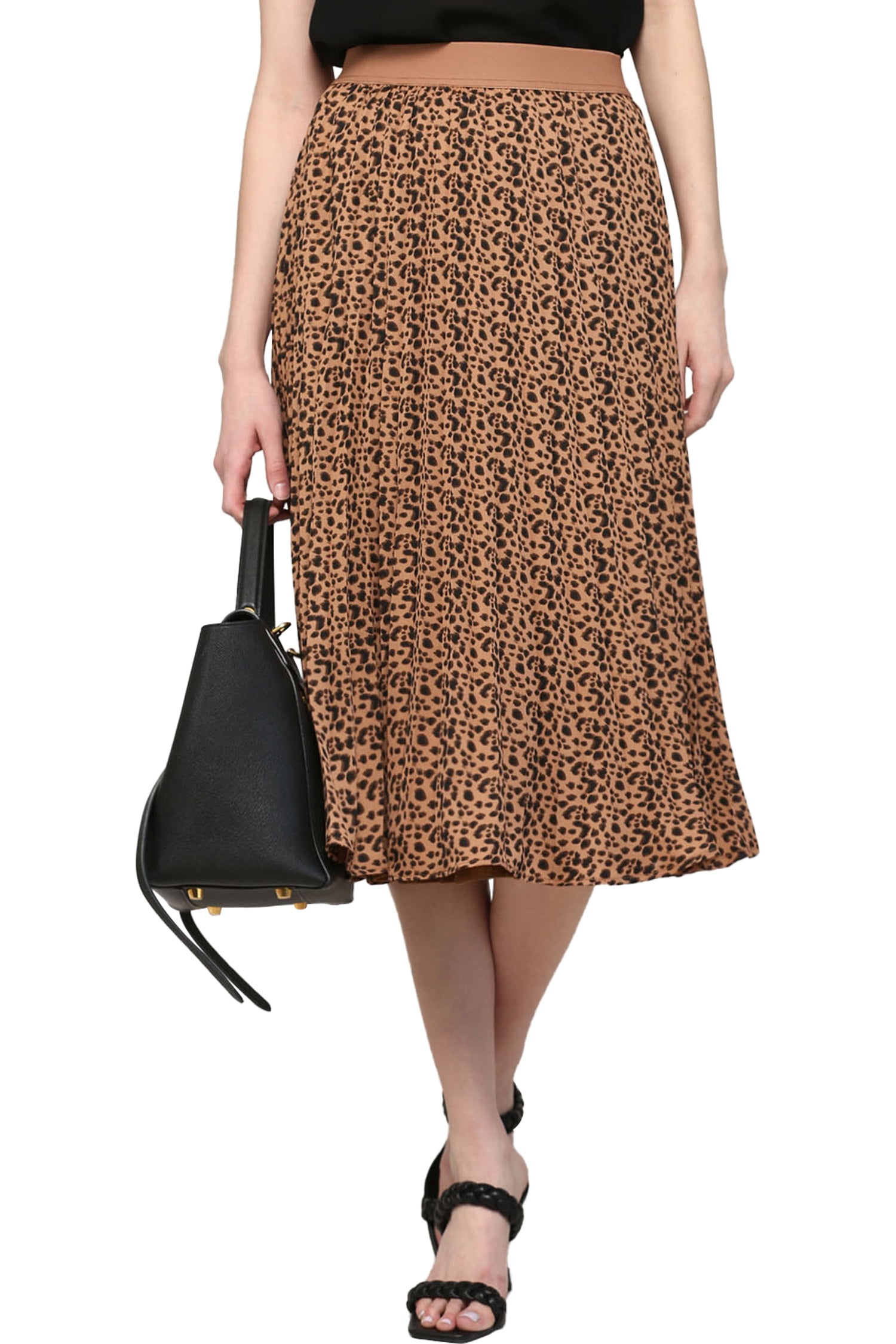 Made By Johnny Womens High Elastic Waist Pleated Mid A Line Swing Skirt L Tanblack