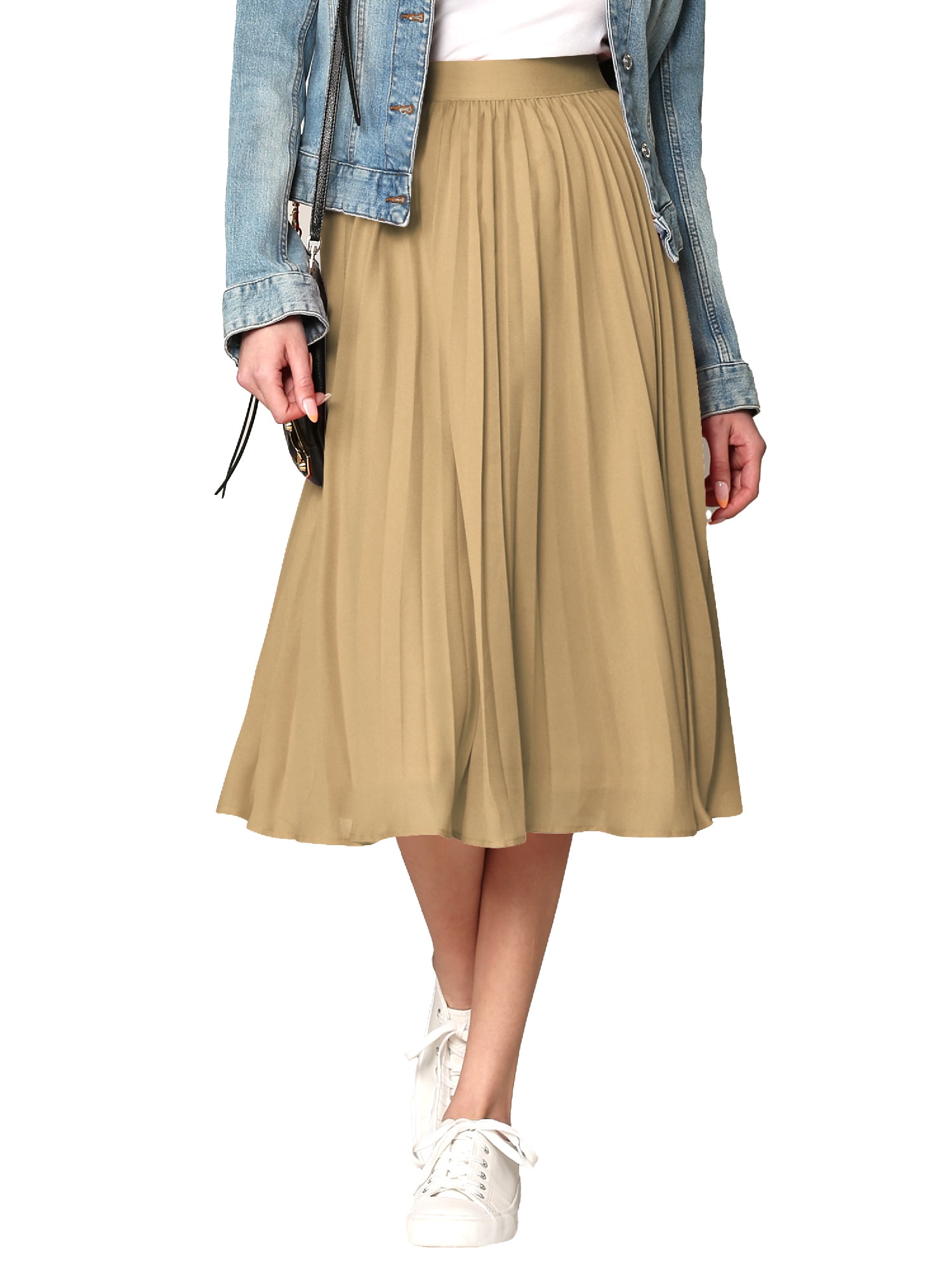 Made By Johnny Womens High Elastic Waist Pleated Mid A Line Swing