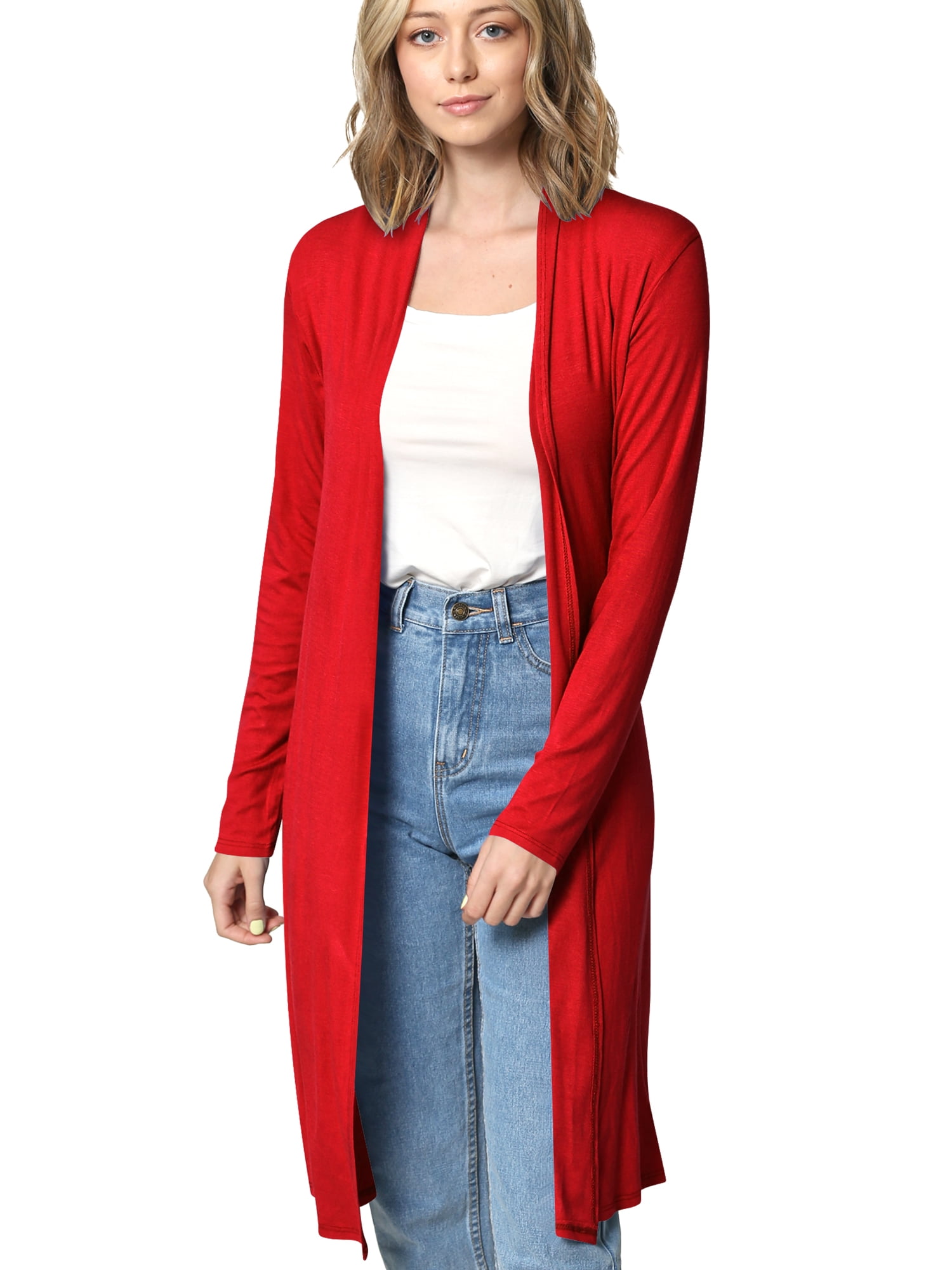 Made by Johnny Women's Solid Long Sleeve Open Front Long Cardigan L RED ...
