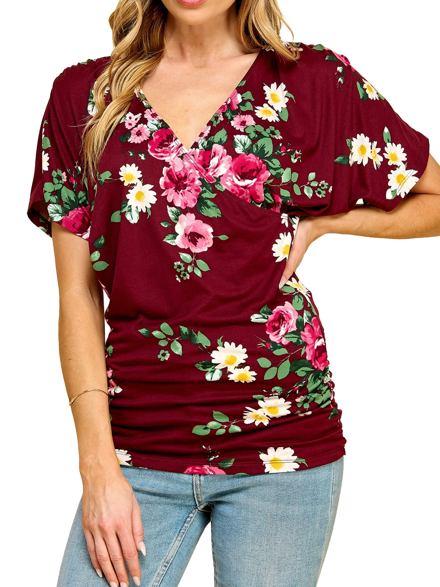 Made by Johnny Women's V Neck Short Sleeve Wrap Front Drape Dolman Top ...