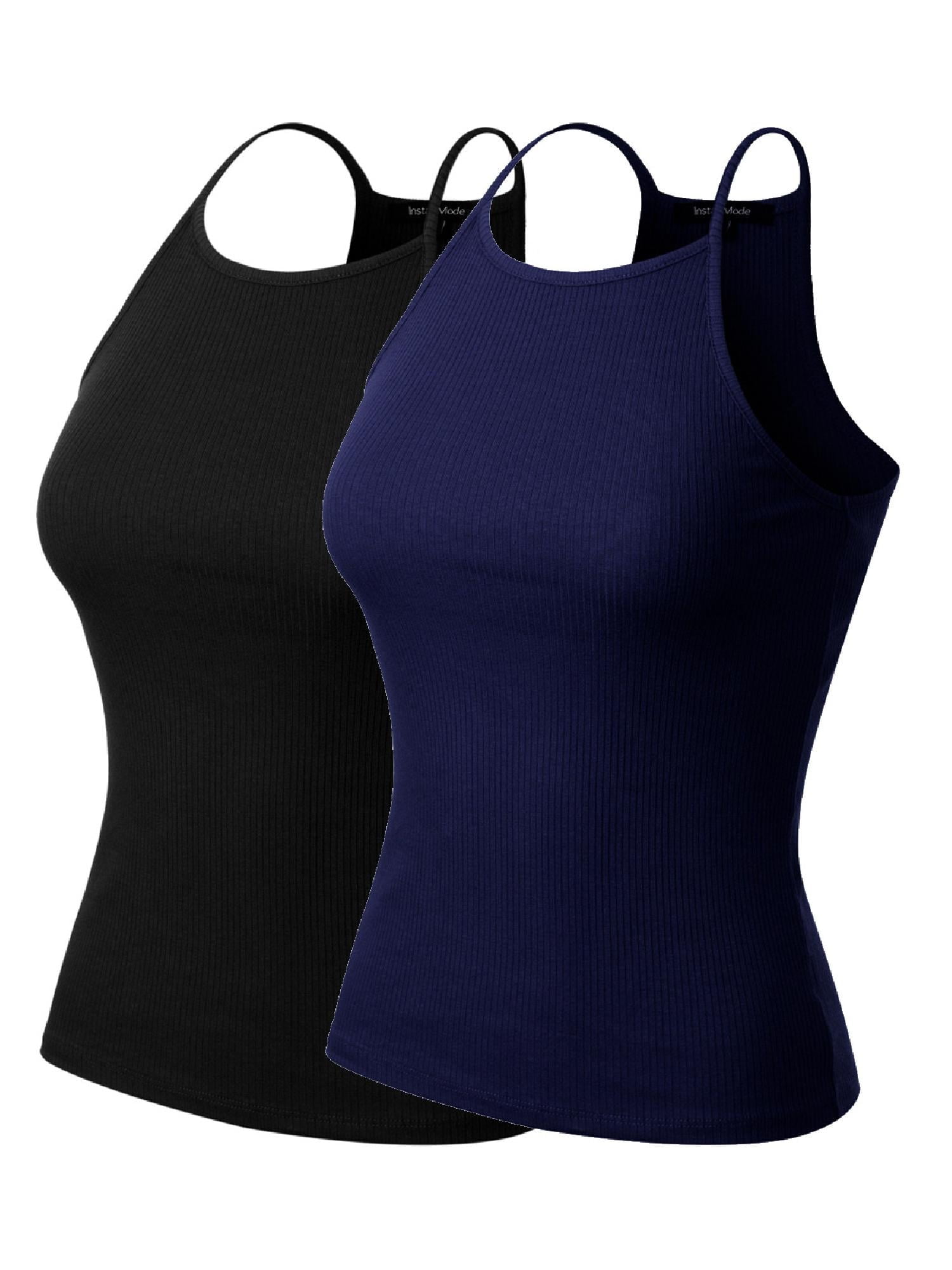 Made by Olivia Women's 2-Pack Basic High Halter Neck Sleeveless Ribbed ...