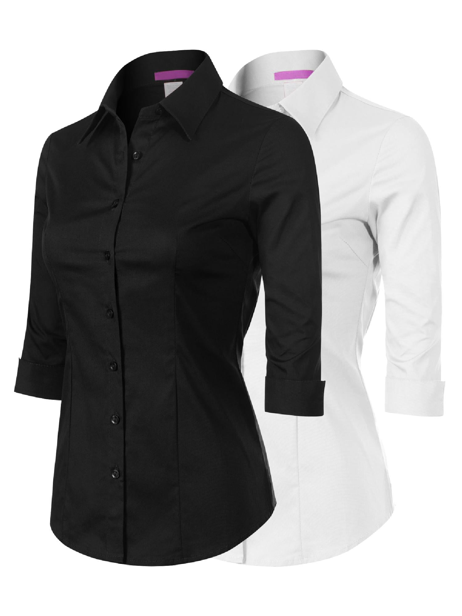 Made By Olivia Womens 3 4 Sleeve Stretchy Button Down Collar Office