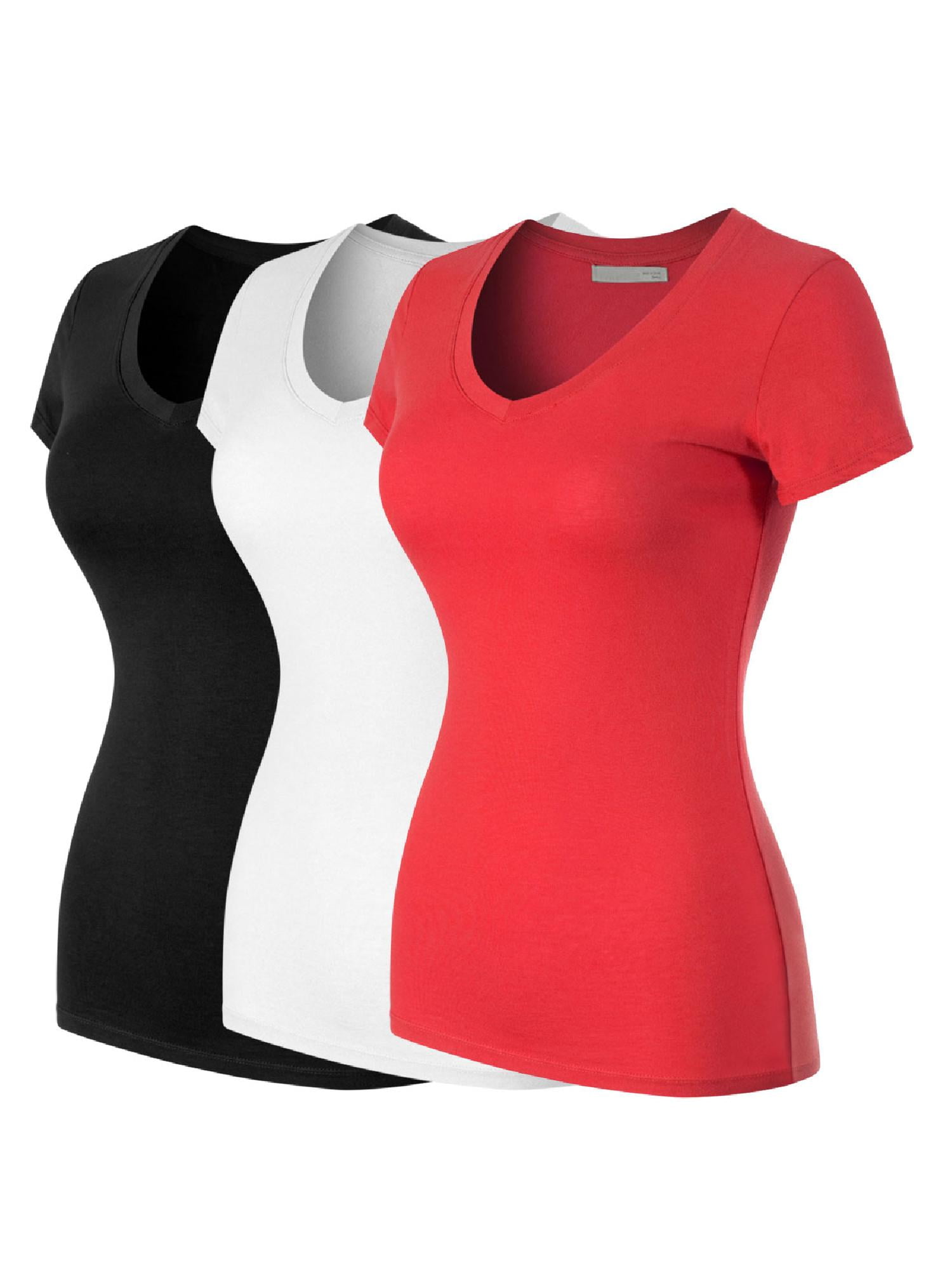 Made by Olivia Women's 3-Pack Basic Solid Multi Colors Fitted Short Sleeve T-Shirt [S-3XL ...