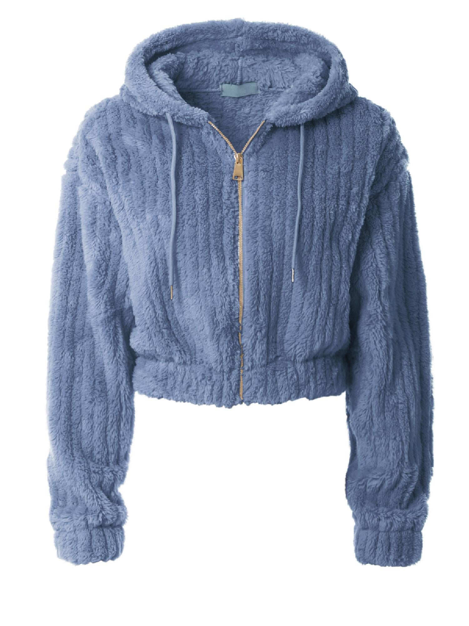 Made by Olivia Women's Casual Cozy Fluffy Faux Fur Cropped Zip Up ...