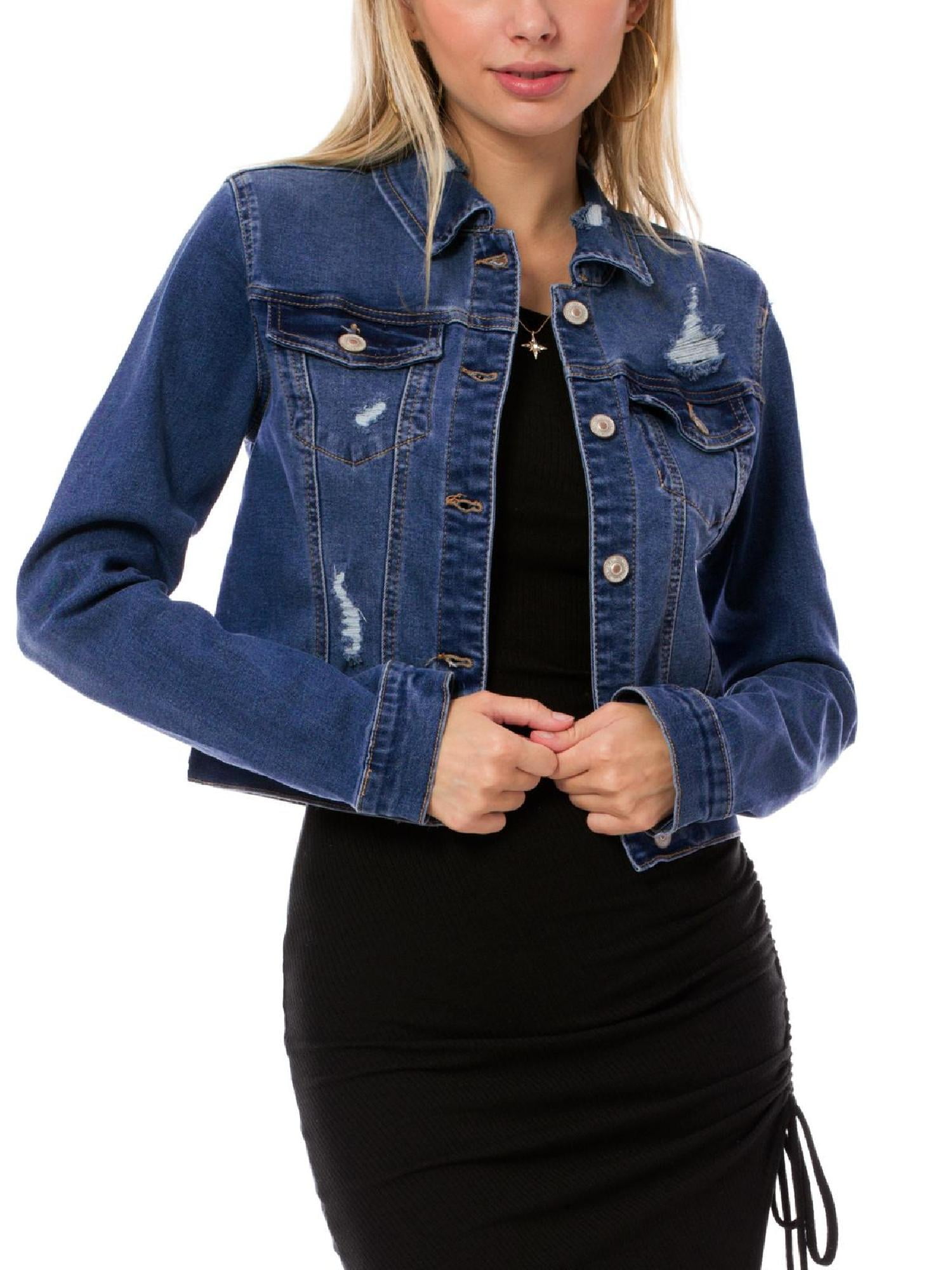 Made by Olivia Women's Classic Lightly Distressed Button Down Denim ...