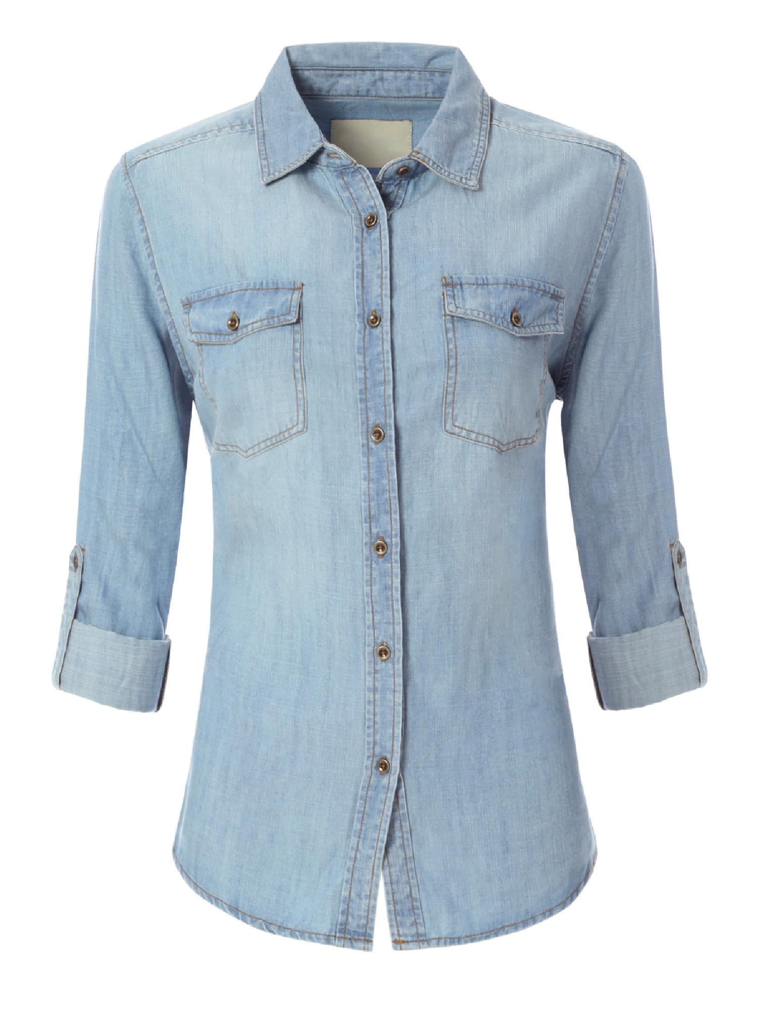 Made by Olivia Women's Classic Long/Roll Up Sleeve Button Down Denim ...