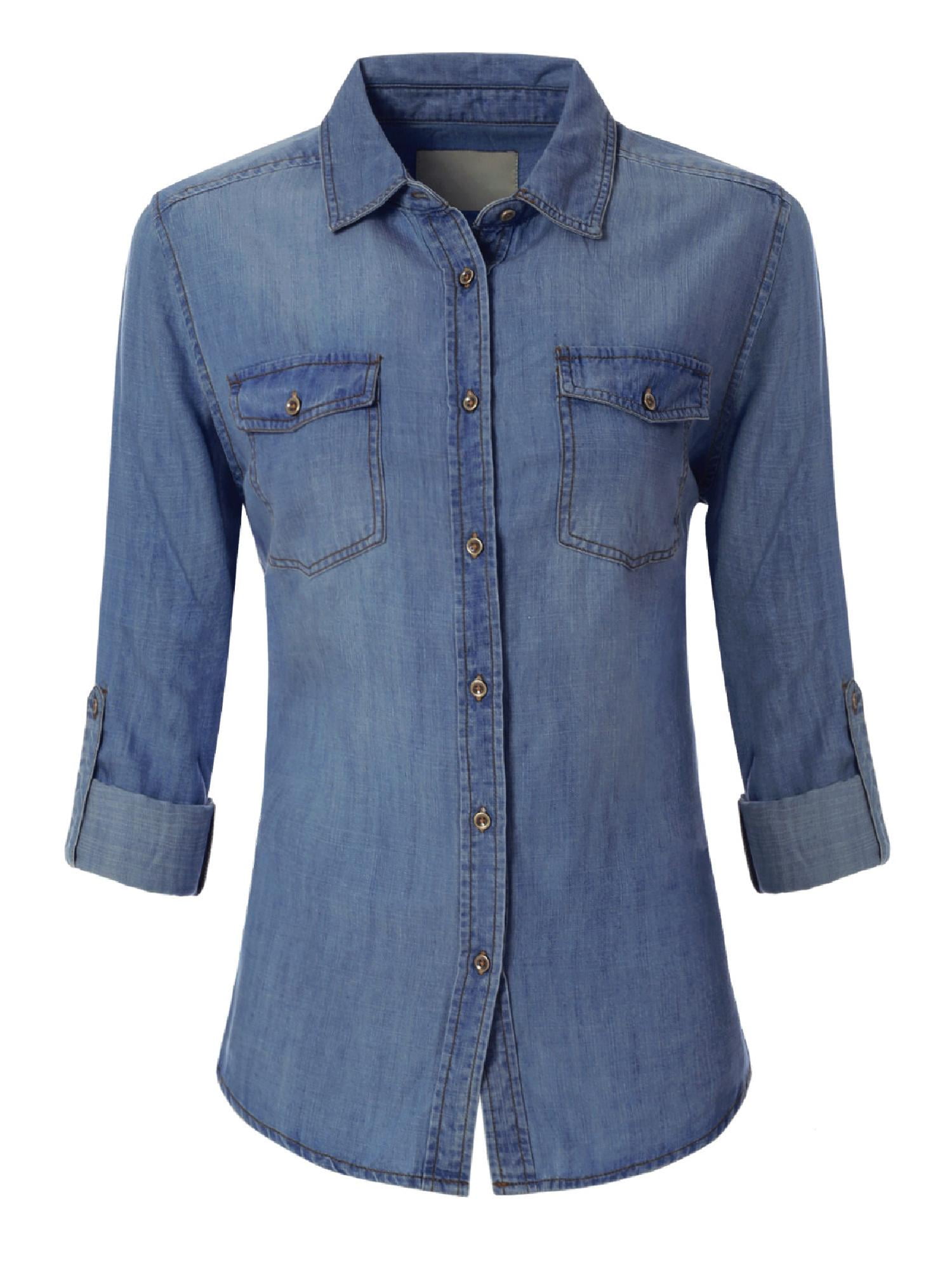 Made by Olivia Women's Classic Long/Roll Up Sleeve Button Down Denim ...