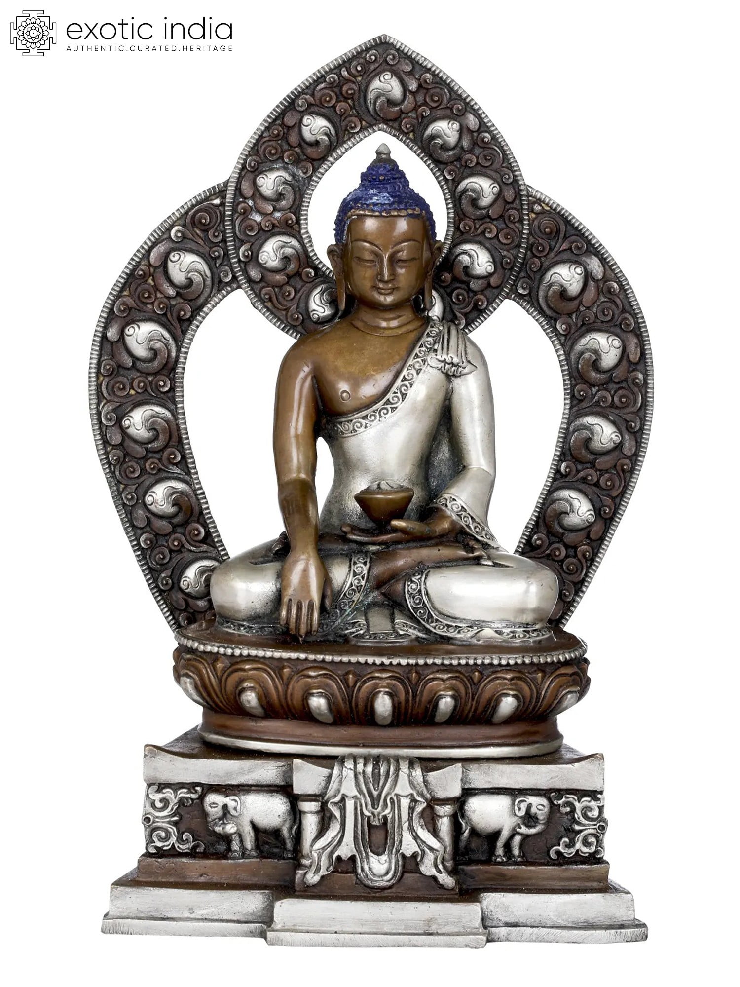 (Made in Nepal) Shakyamuni Buddha Seated on Elephant Throne - Copper ...