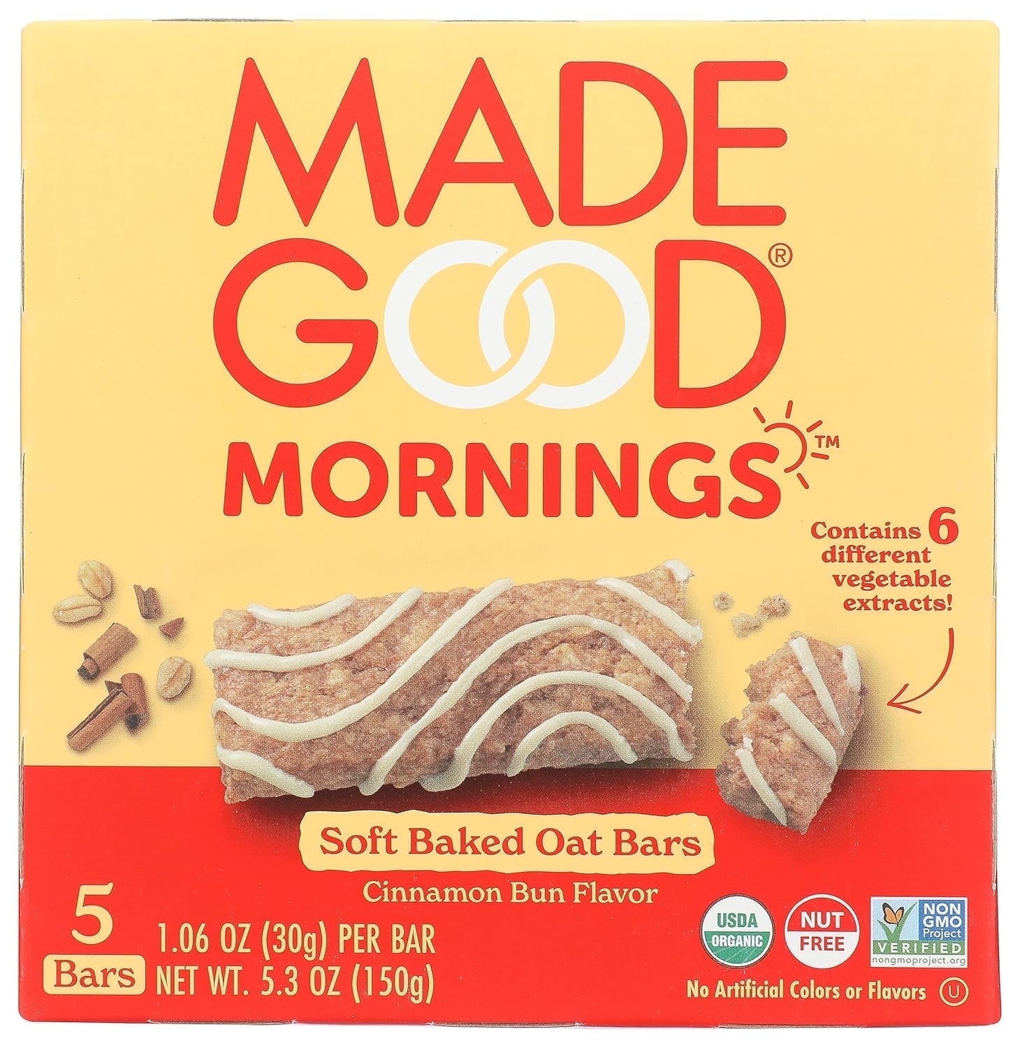 MadeGood Organic Mornings Soft Baked Oat Bars Cinnamon Bun - 5 Bars ...