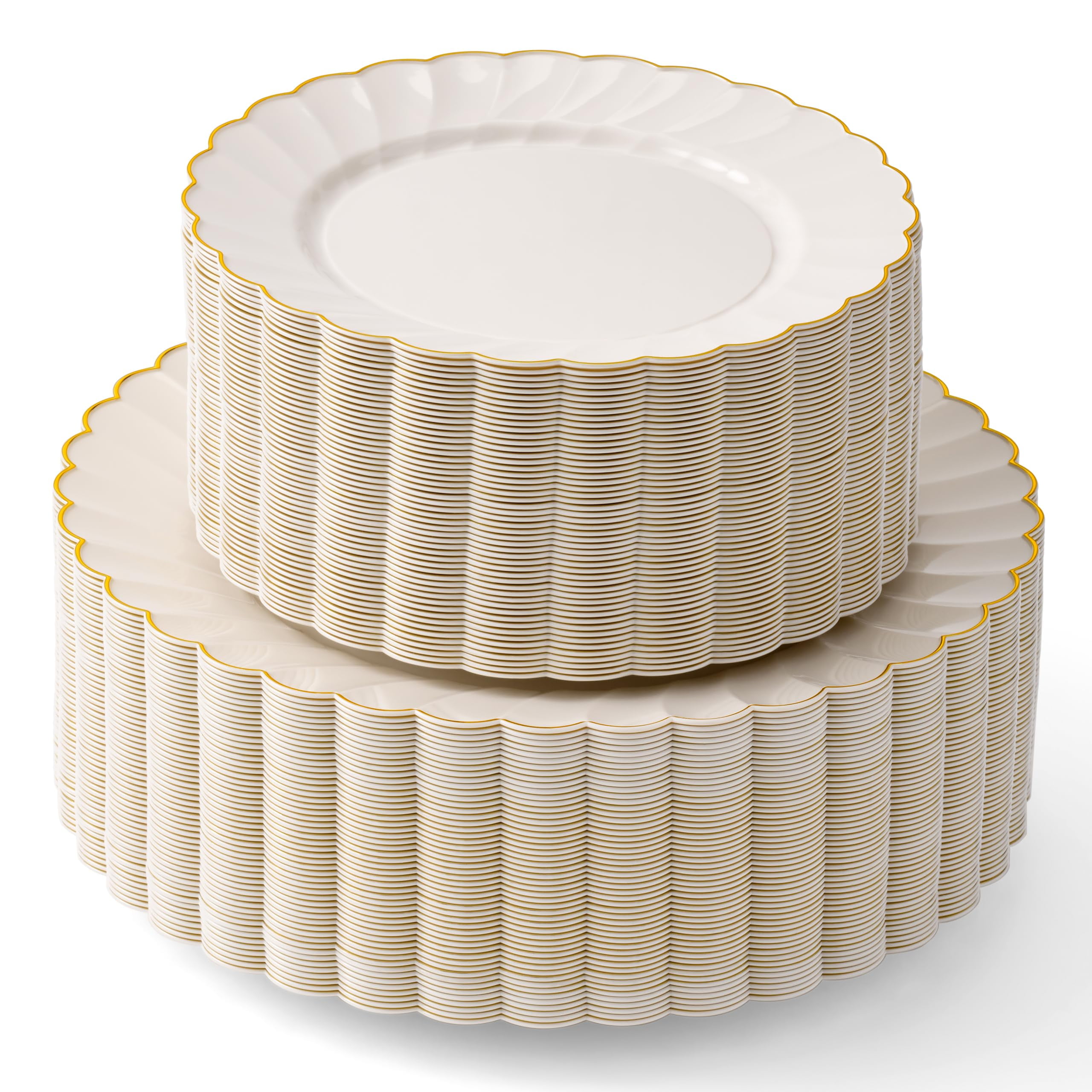 By Madee HEAVYWEIGHT 100 SSF20 Pc Ivory Scalloped Plates with Gold Trim ...