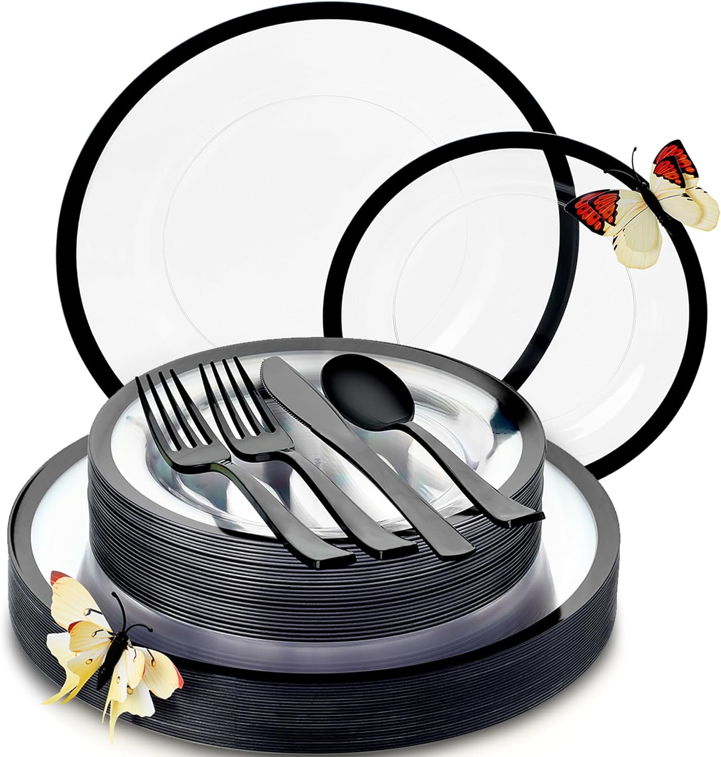 By Madee HEAVYWEIGHT 150 Pcs for 25 Guests | Clear and Black Plastic ...