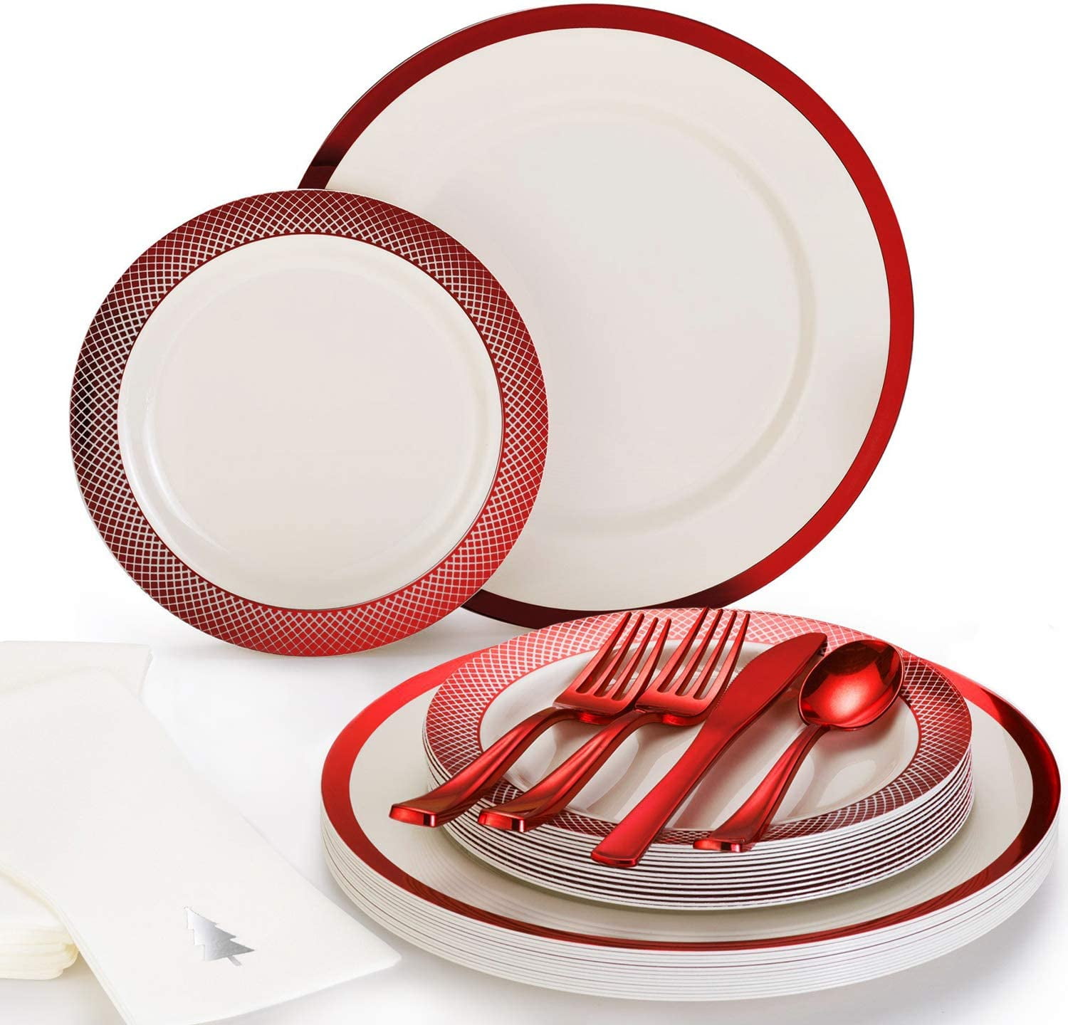 By Madee, 175 Pc Christmas Dinnerware Set, Ivory Plates with Red Trim ...