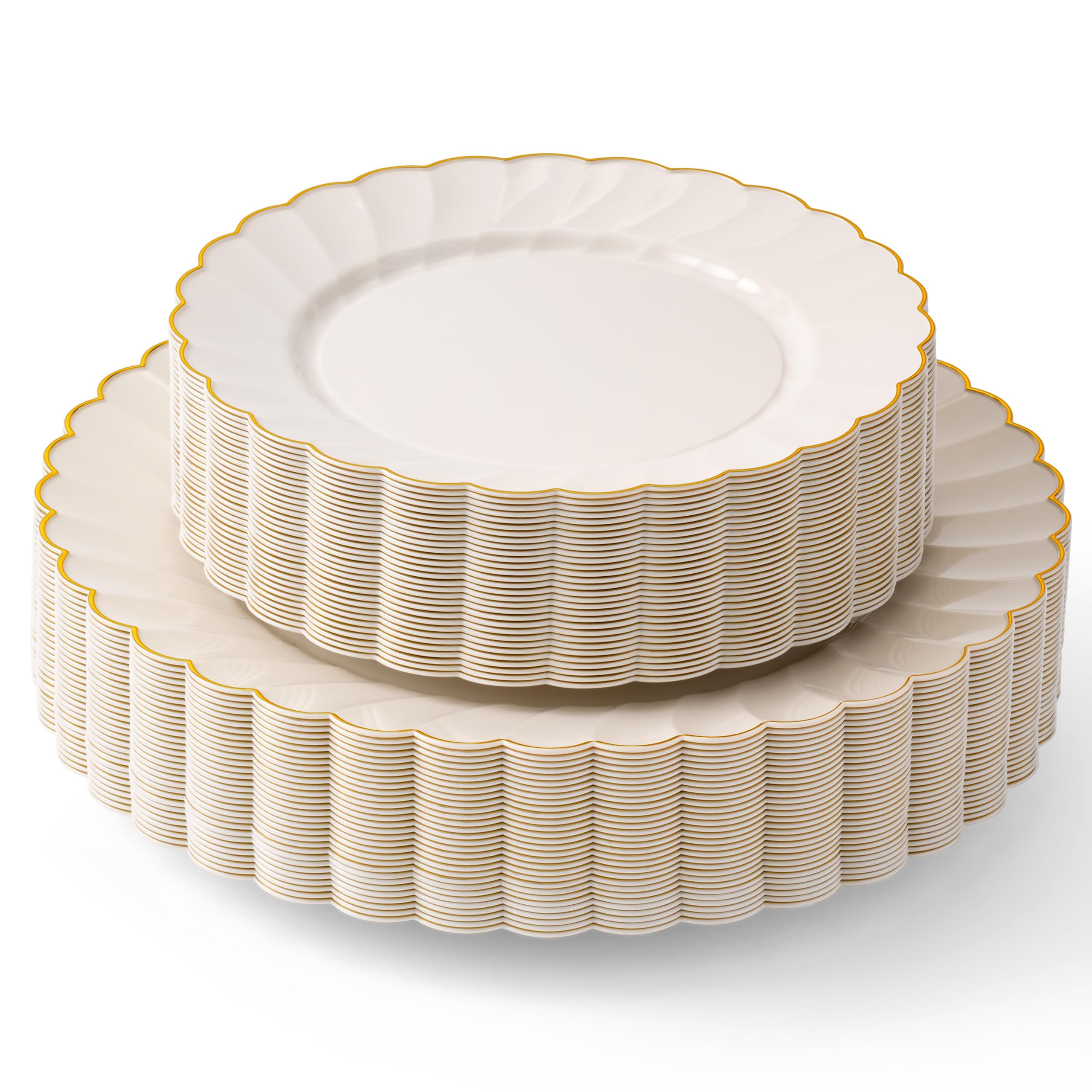 By Madee PREMIUM 60 IFF17 Pc Ivory Scalloped Plates with Gold Trim - 30 ...