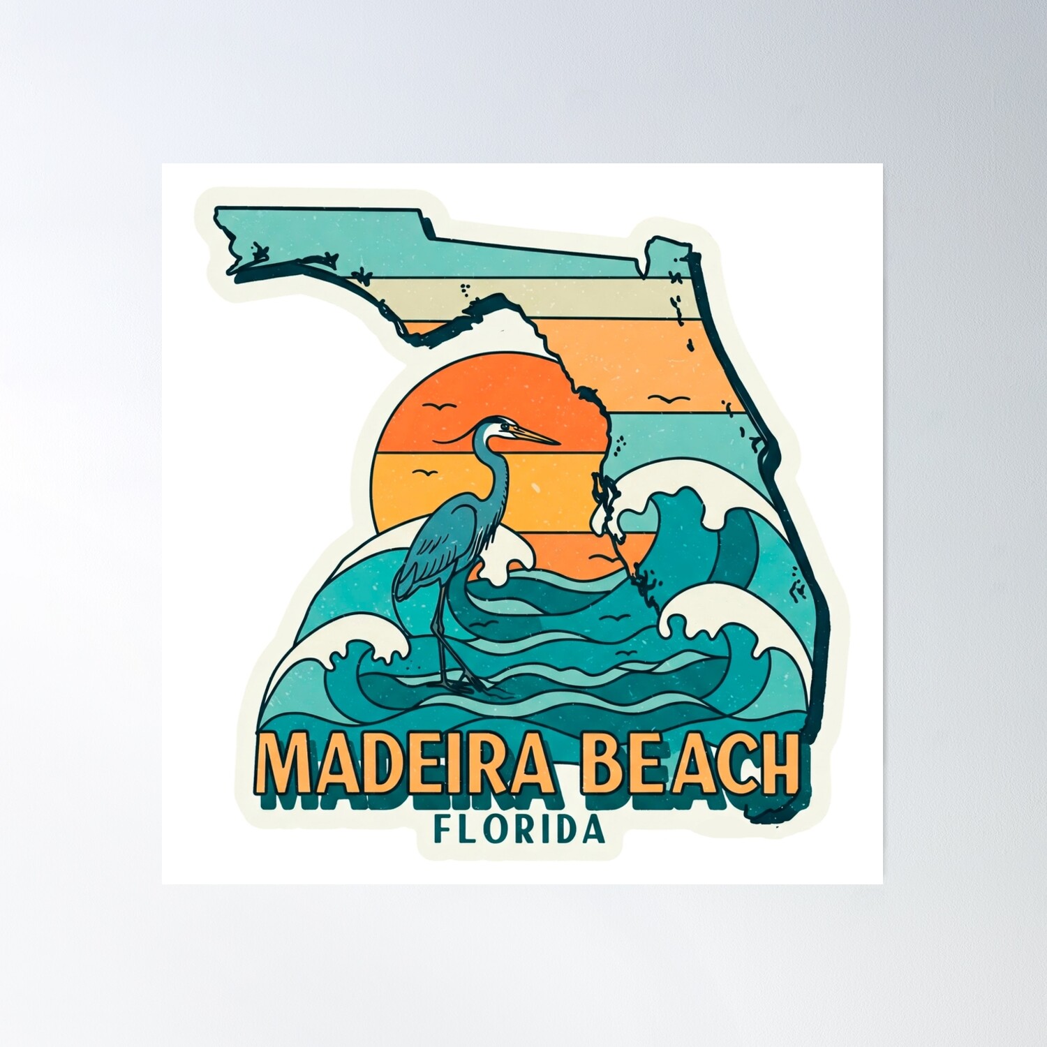 Madeira Beach Florida Retro Sunset Heron Sticker & Gifts Poster Wall ...