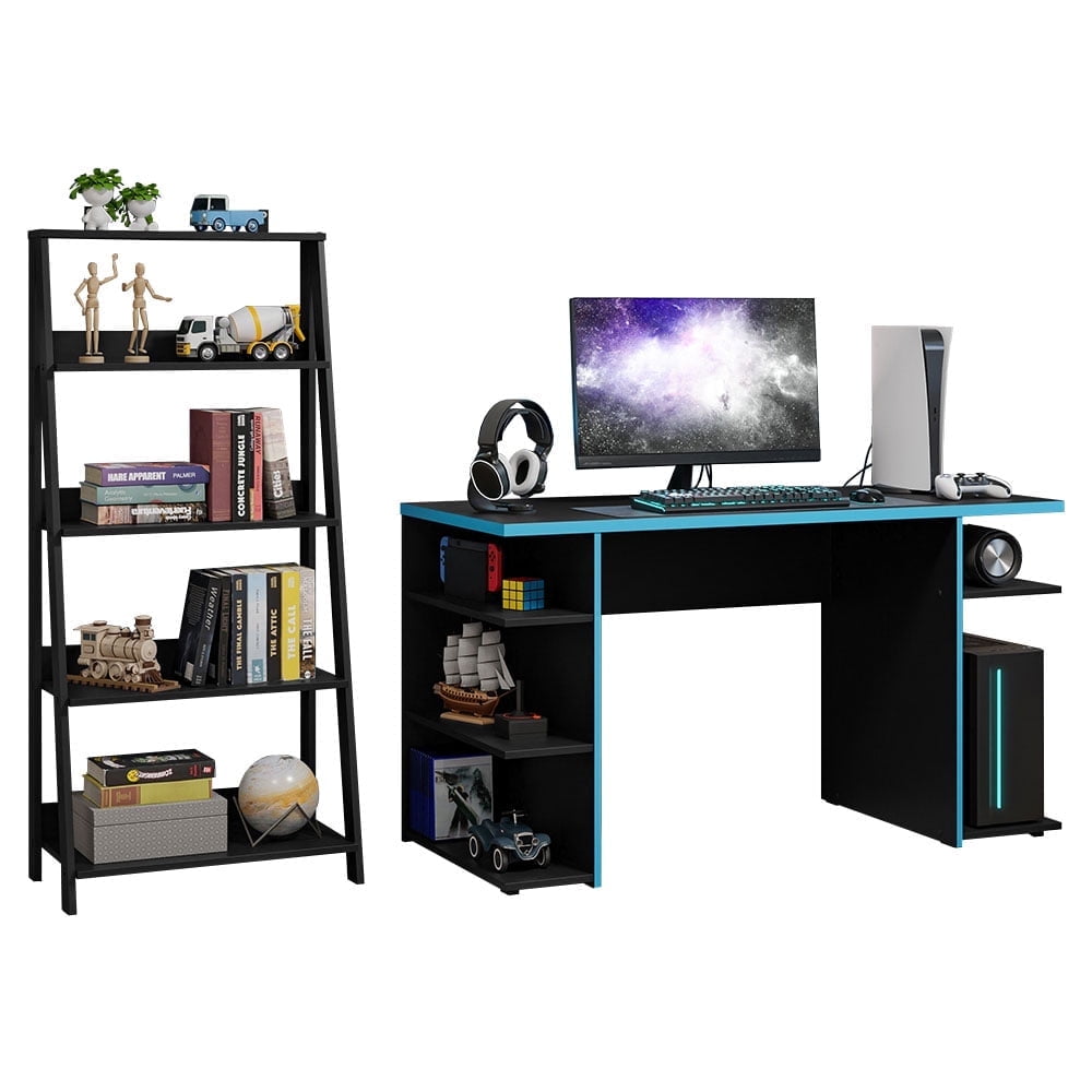 Madesa Gamer Desk 53" + Ladder Shelf Standing Bookcase - Black/Blue ...