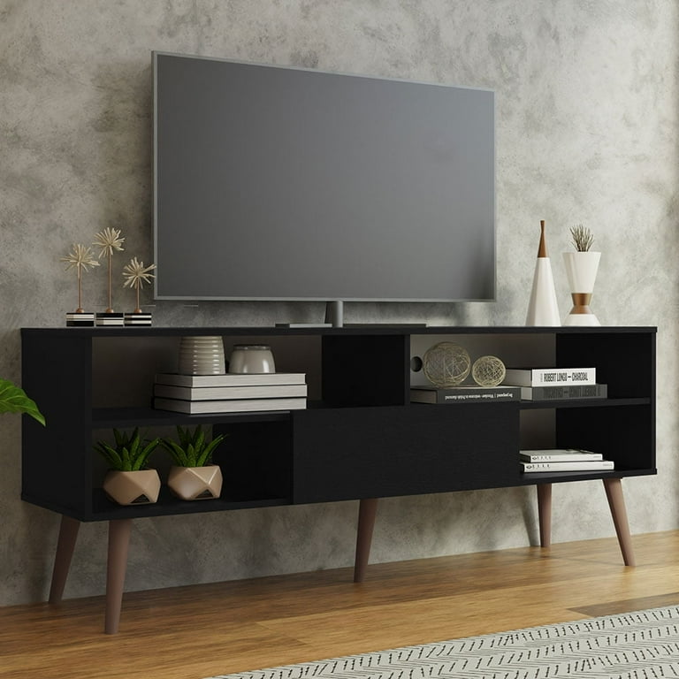 Madesa Contemporary TV Stand 1 Door 4 Shelves for 65 TVs Living Room Furniture Media Console Black Walmart