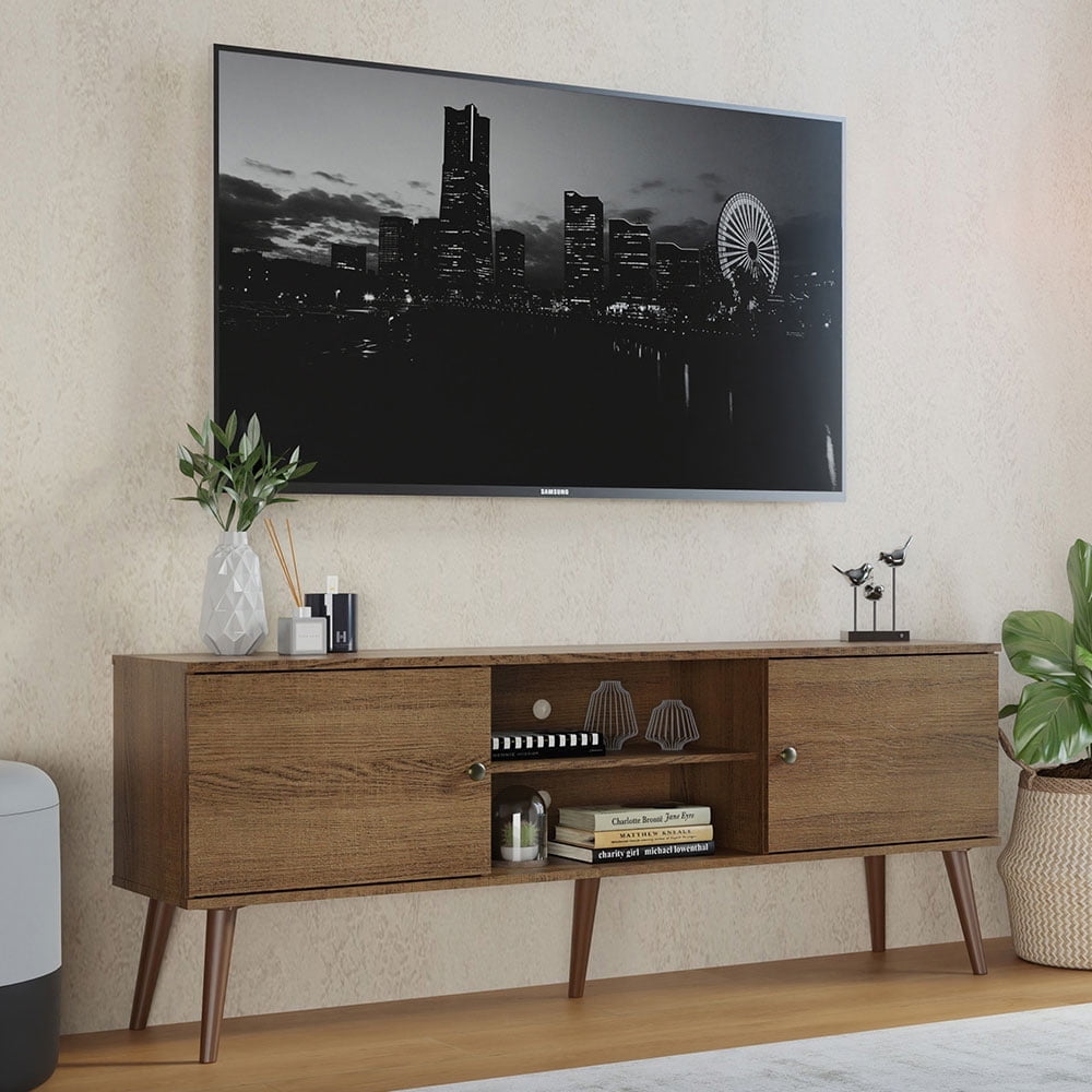 Madesa Mid-Century TV Stand for 55–65" TVs, 2 Doors, 2 Shelves, Metal ...